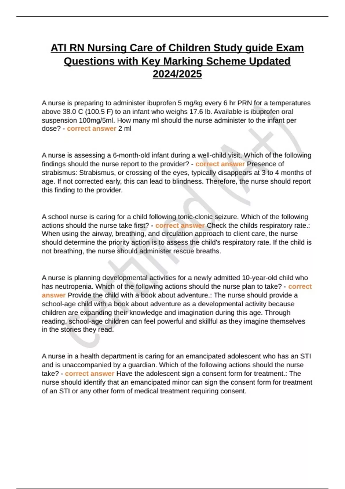 ATI RN Nursing Care of Children Study guide Exam Questions with Key ...