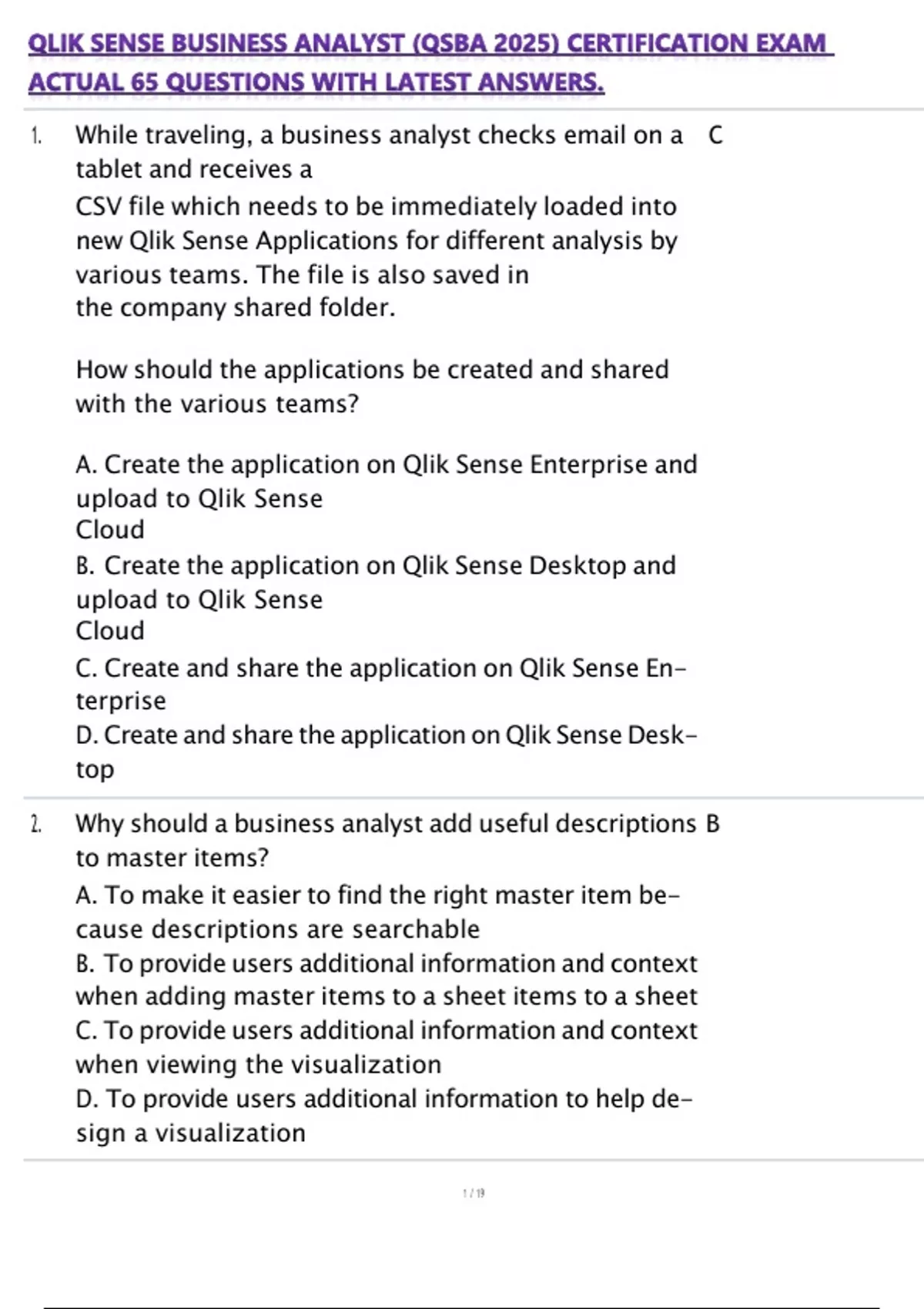 QLIK SENSE BUSINESS ANALYST (QSBA 2025) CERTIFICATION EXAM ACTUAL 65 ...