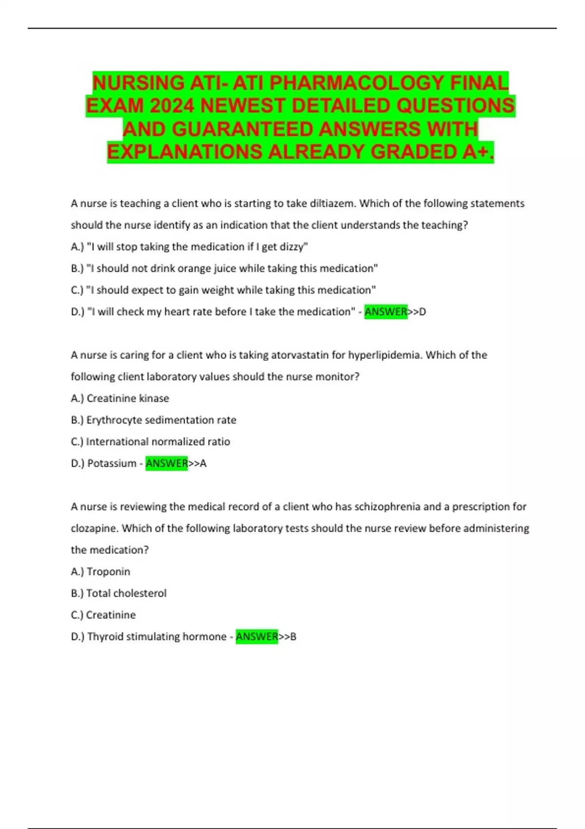 NURSING ATI- ATI PHARMACOLOGY FINAL EXAM 2025 NEWEST DETAILED QUESTIONS ...