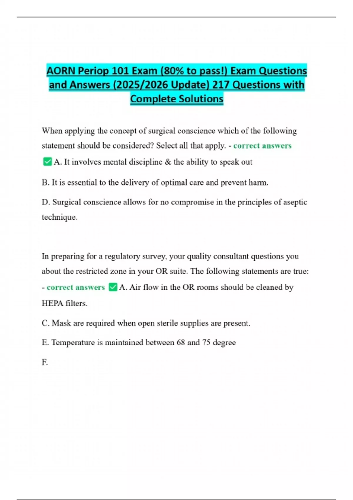AORN Periop 101 Exam (80% to pass!) Exam Questions and Answers (2025/ ...