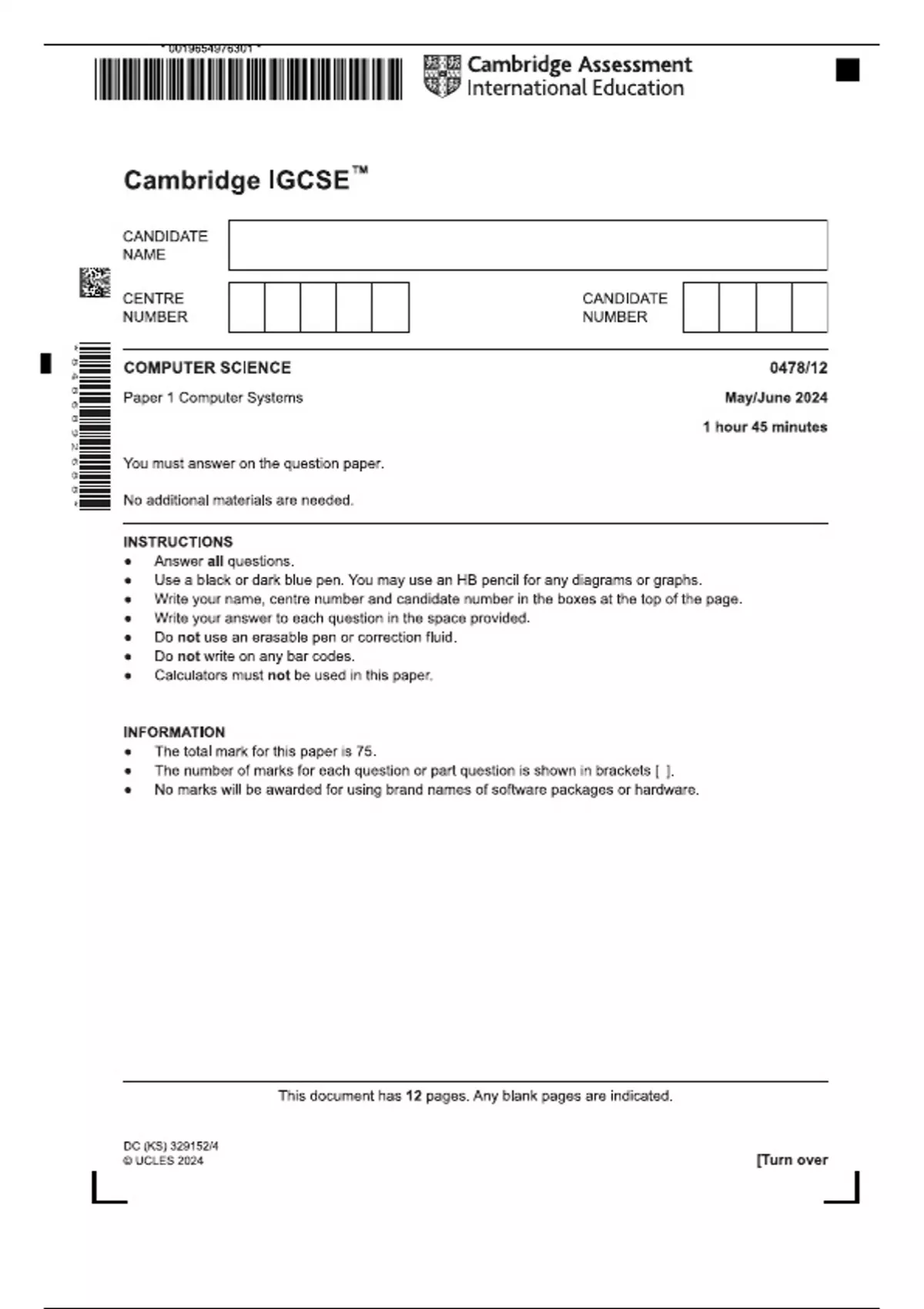 2024 IGCSE Computer Science 0478/12 Paper 1 May, June 2024 - Computer Science - Stuvia US