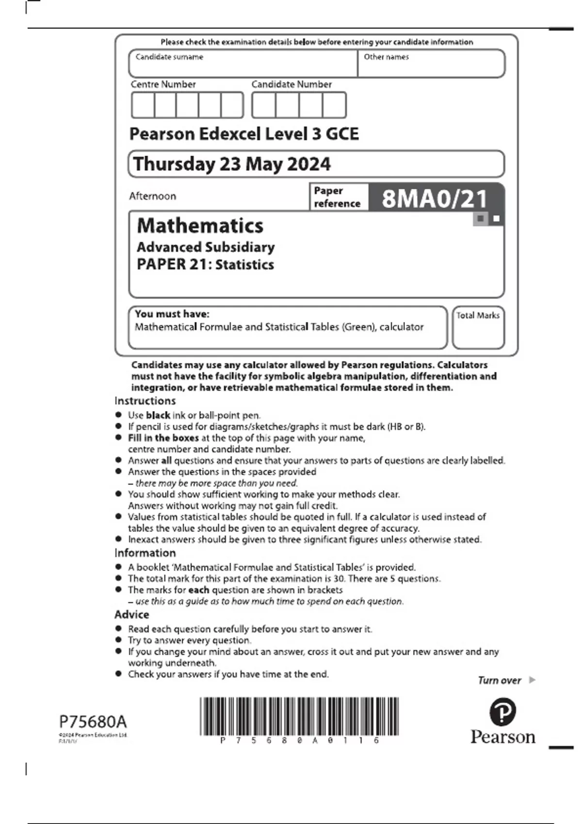 EDEXCEL AS mathematics, 2024 statistics AS MARK SCHEME - Mathematics ...