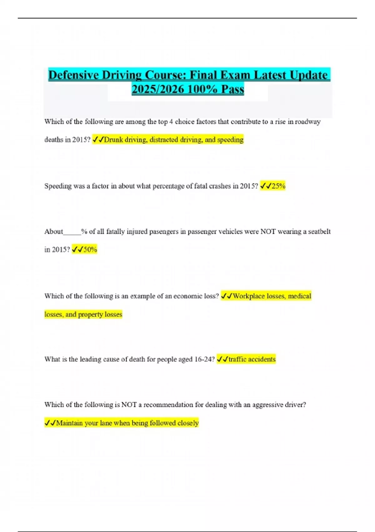 Defensive Driving Course: Final Exam Latest Update 2025/2026 100% Pass ...