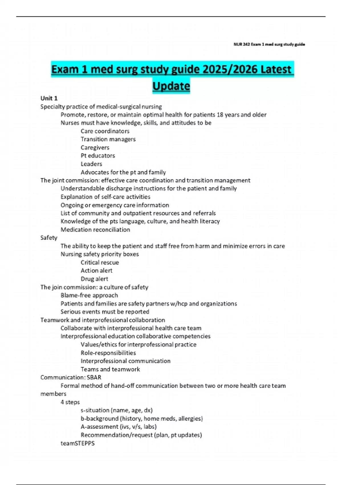 Exam 1 med surg study guide 2025/2026 Latest Update - Med surg - Stuvia US