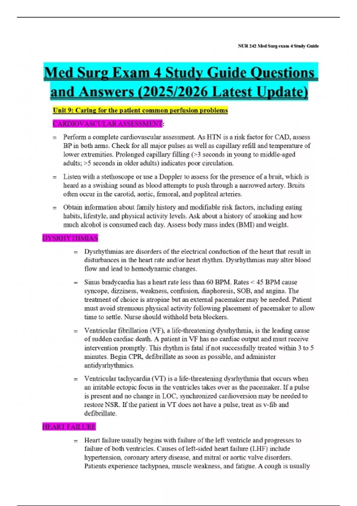 Med Surg Exam 4 Study Guide Questions and Answers (2025/2026 Latest ...