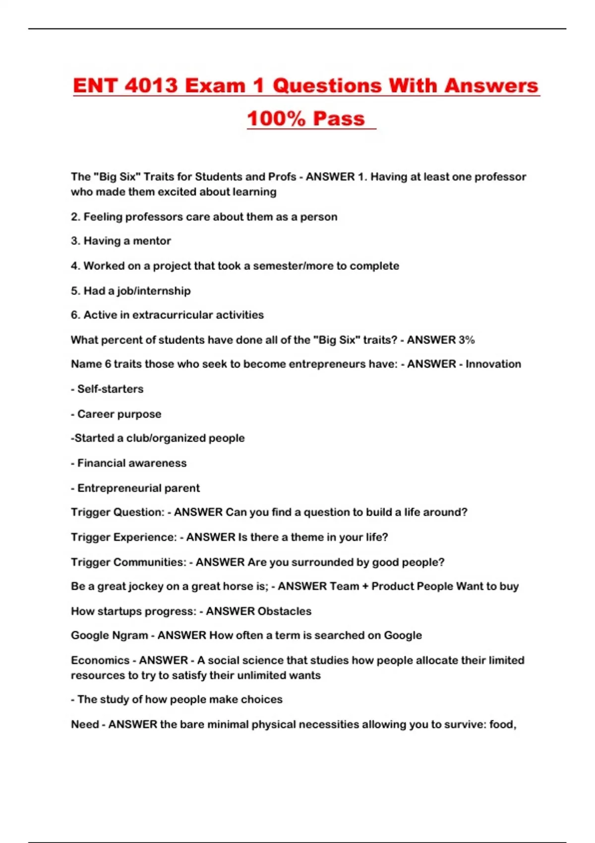 ENT 4013 Exam 1 Questions With Answers 100% Pass - ENT 4013 - Stuvia US