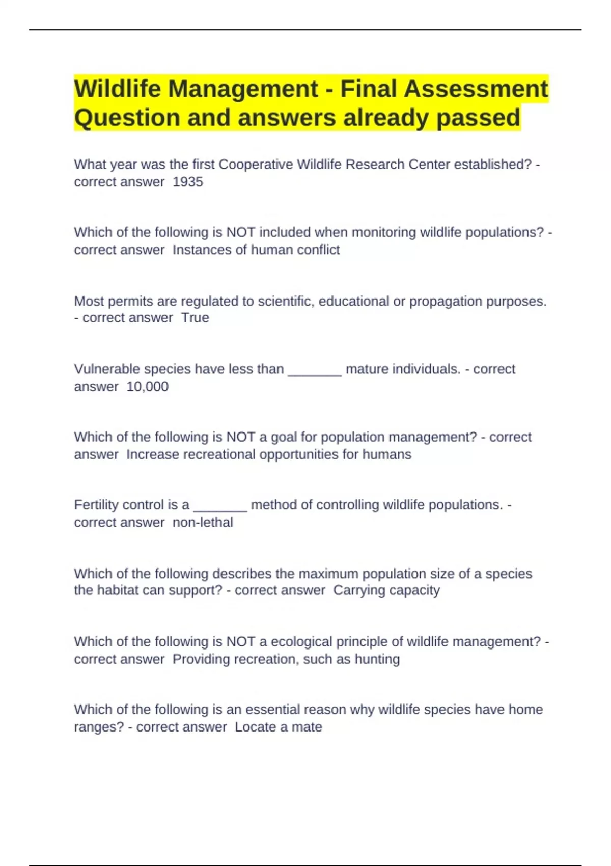 Wildlife Management - Final Assessment Question and answers already ...