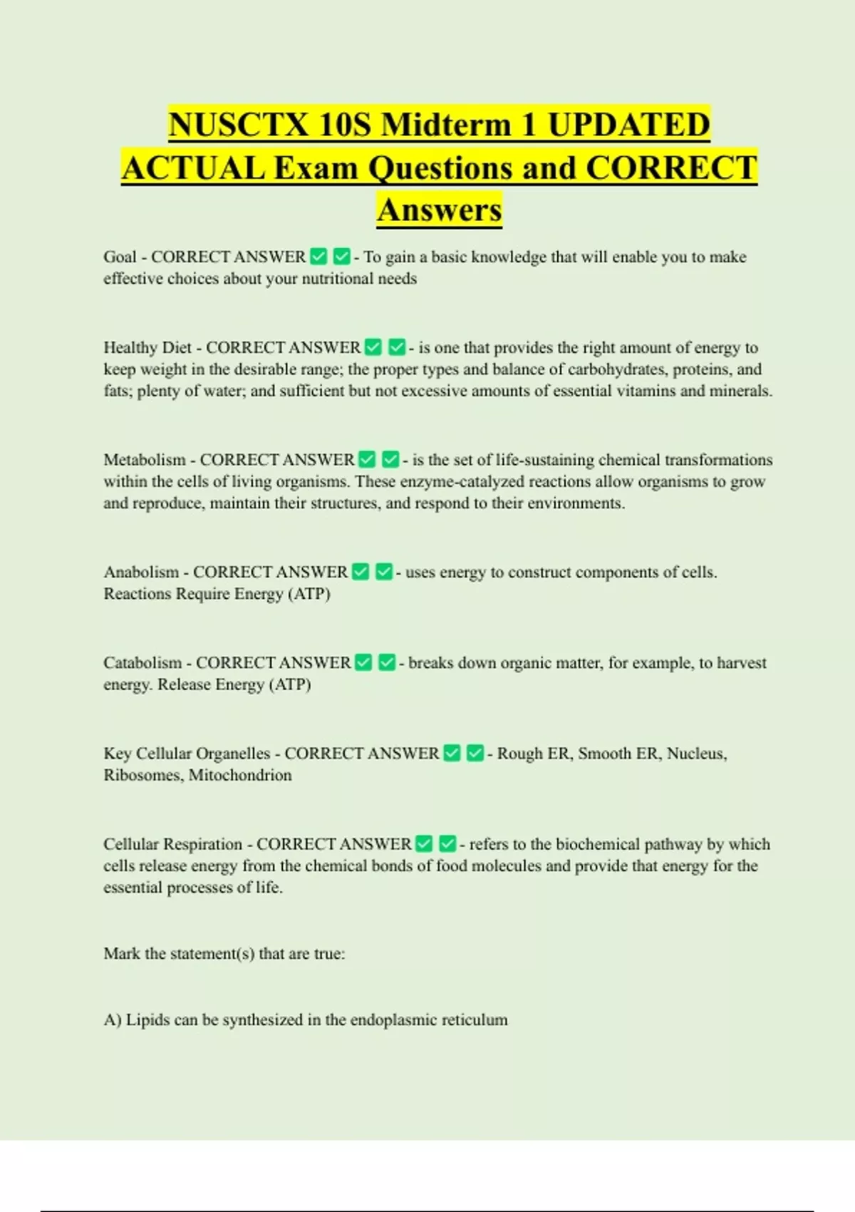 NUSCTX 10S Midterm 1 UPDATED ACTUAL Exam Questions and CORRECT Answers - NUSCTX - Stuvia US