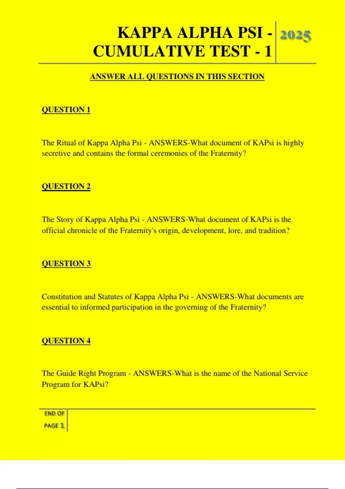 KAPPA ALPHA PSI - CUMULATIVE TEST - 1 QUESTONS AND ANSWERS 2025 - KAPPA ...