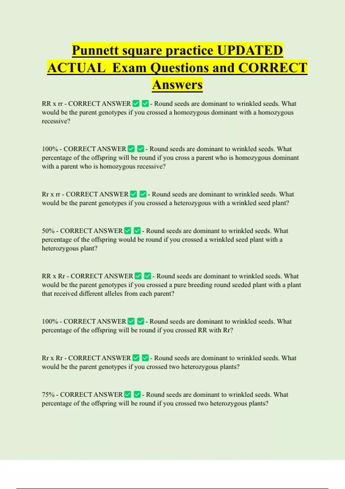 Punnett square practice UPDATED ACTUAL Exam Questions and CORRECT ...