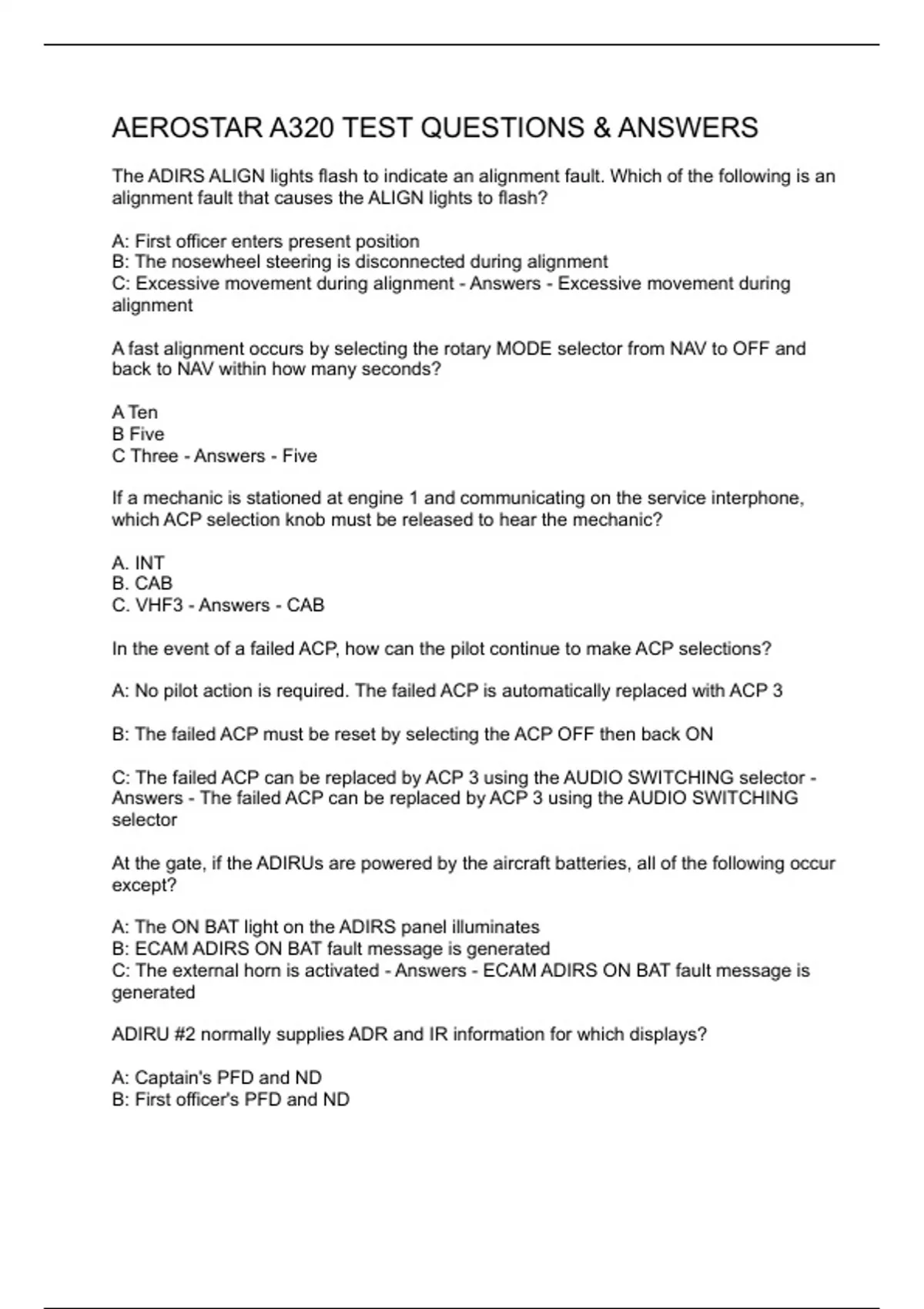 AEROSTAR A320 TEST QUESTIONS & ANSWERS - AEROSTAR A320 - Stuvia US