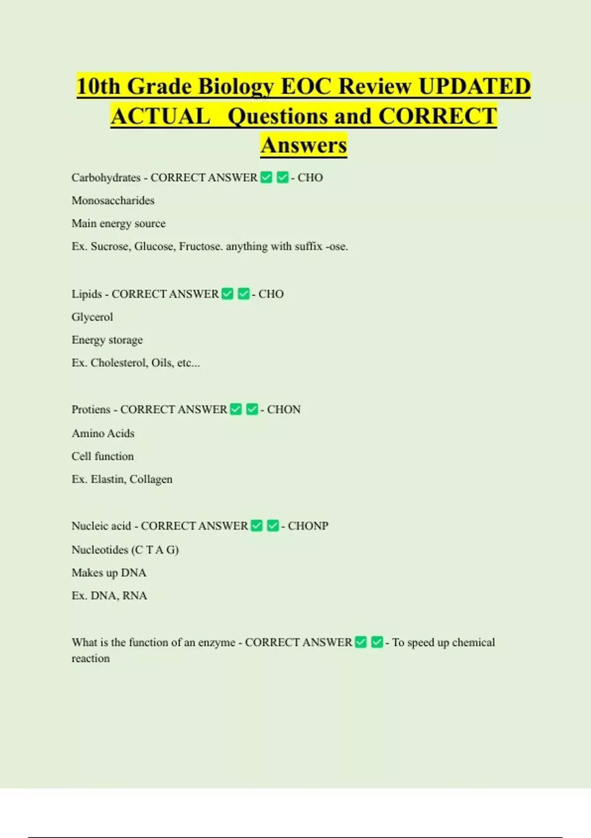 10th Grade Biology EOC Review UPDATED ACTUAL Questions and CORRECT ...