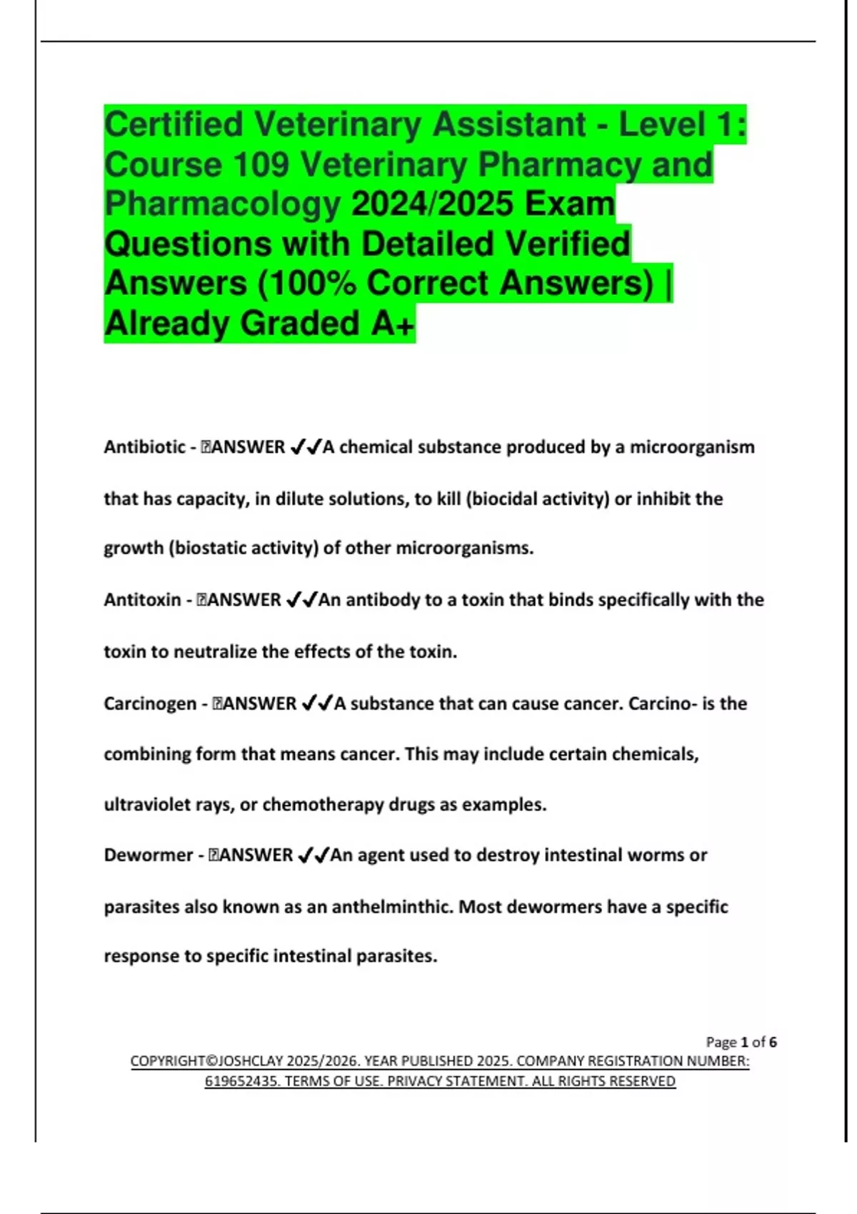 Certified Veterinary Assistant - Level 1: Course 109 Veterinary Pharmacy and Pharmacology 2024/ ...
