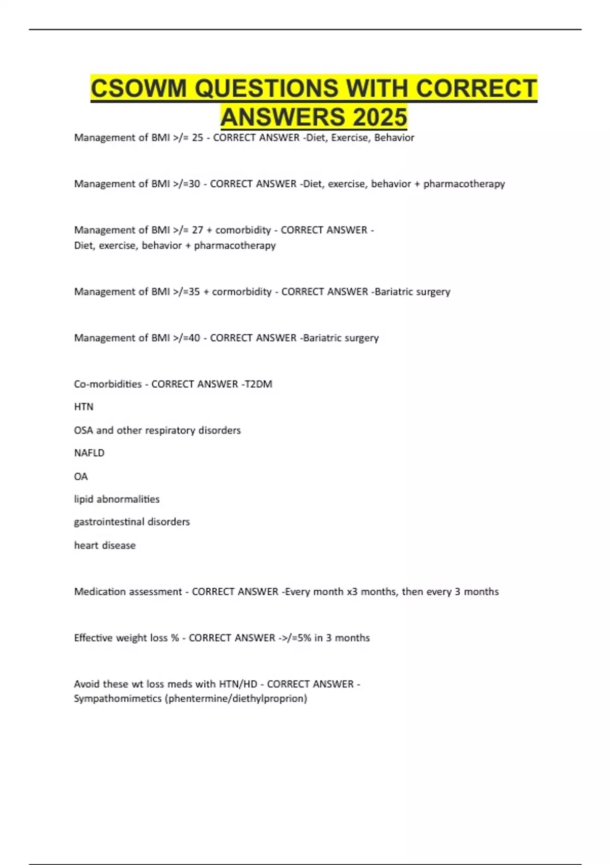 CSOWM QUESTIONS WITH CORRECT ANSWERS 2025 - CSOWM - Stuvia US