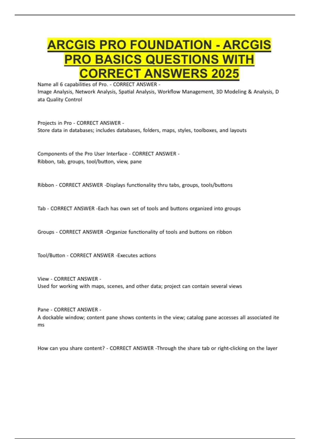 ARCGIS PRO FOUNDATION - ARCGIS PRO BASICS QUESTIONS WITH CORRECT ...