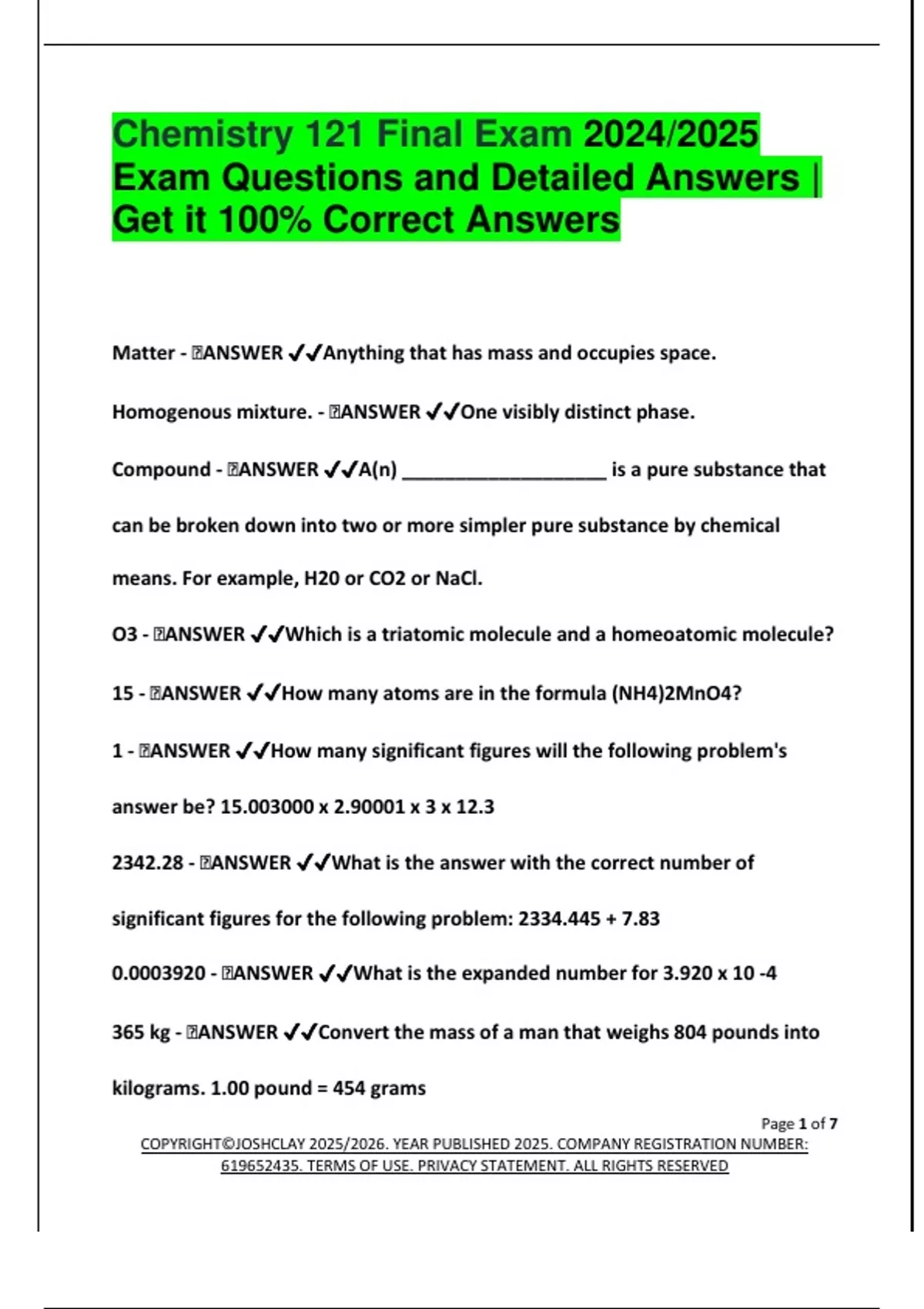 Chemistry 121 Final Exam 2024/2025 Exam Questions and Detailed Answers ...