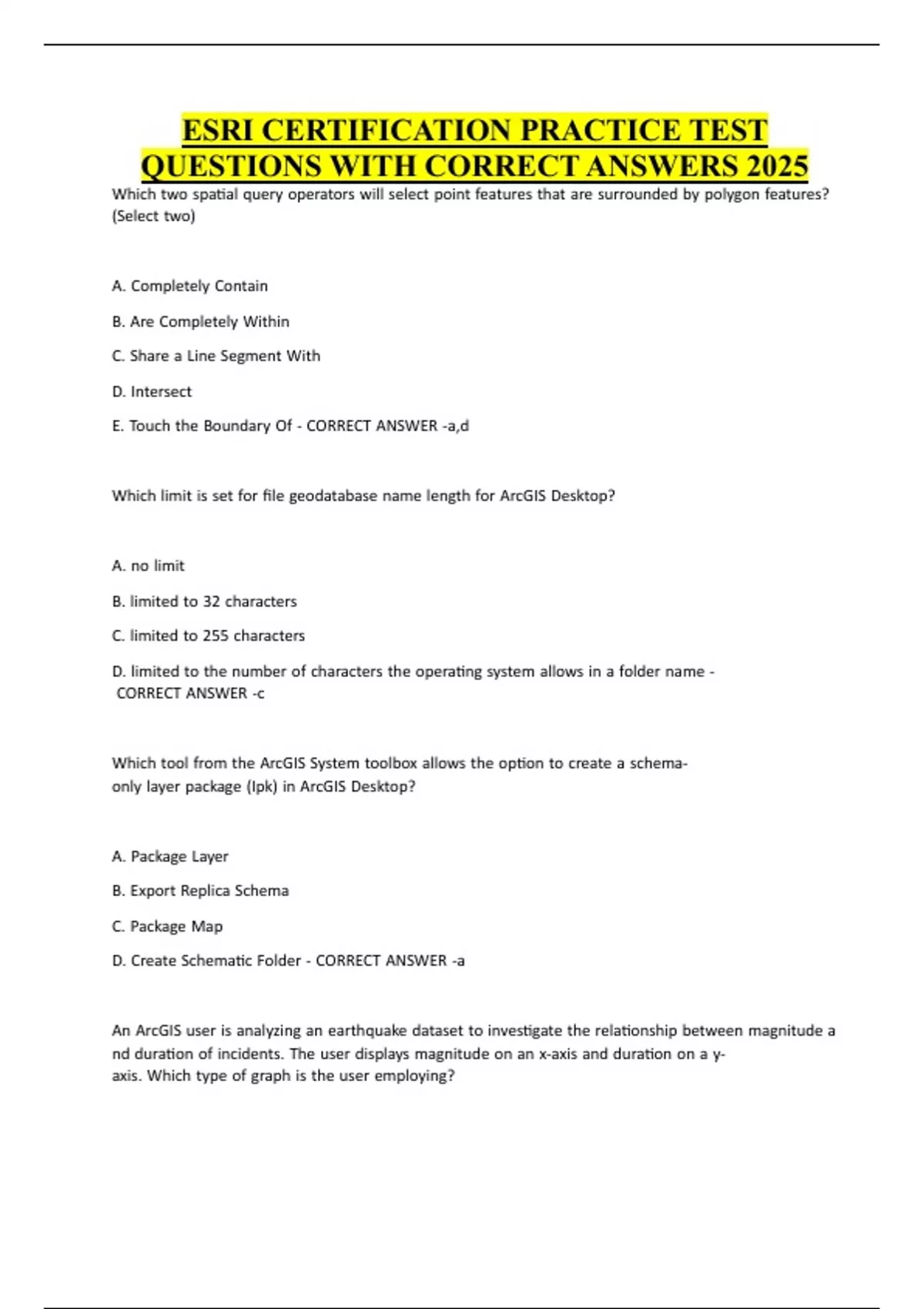 ESRI CERTIFICATION PRACTICE TEST QUESTIONS WITH CORRECT ANSWERS 2025 ...