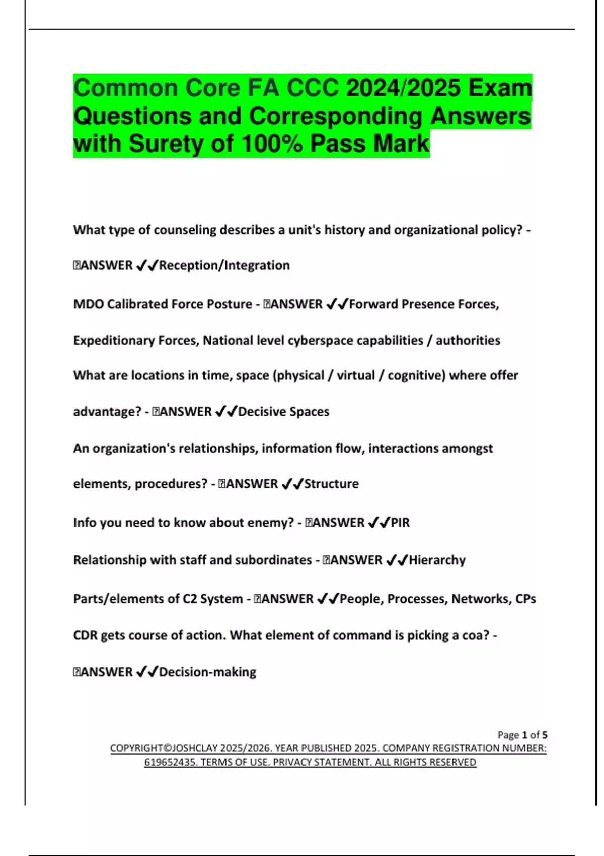Common Core Fa Ccc 2024 2025 Exam Questions And Corresponding Answers With Surety Of 100 Pass