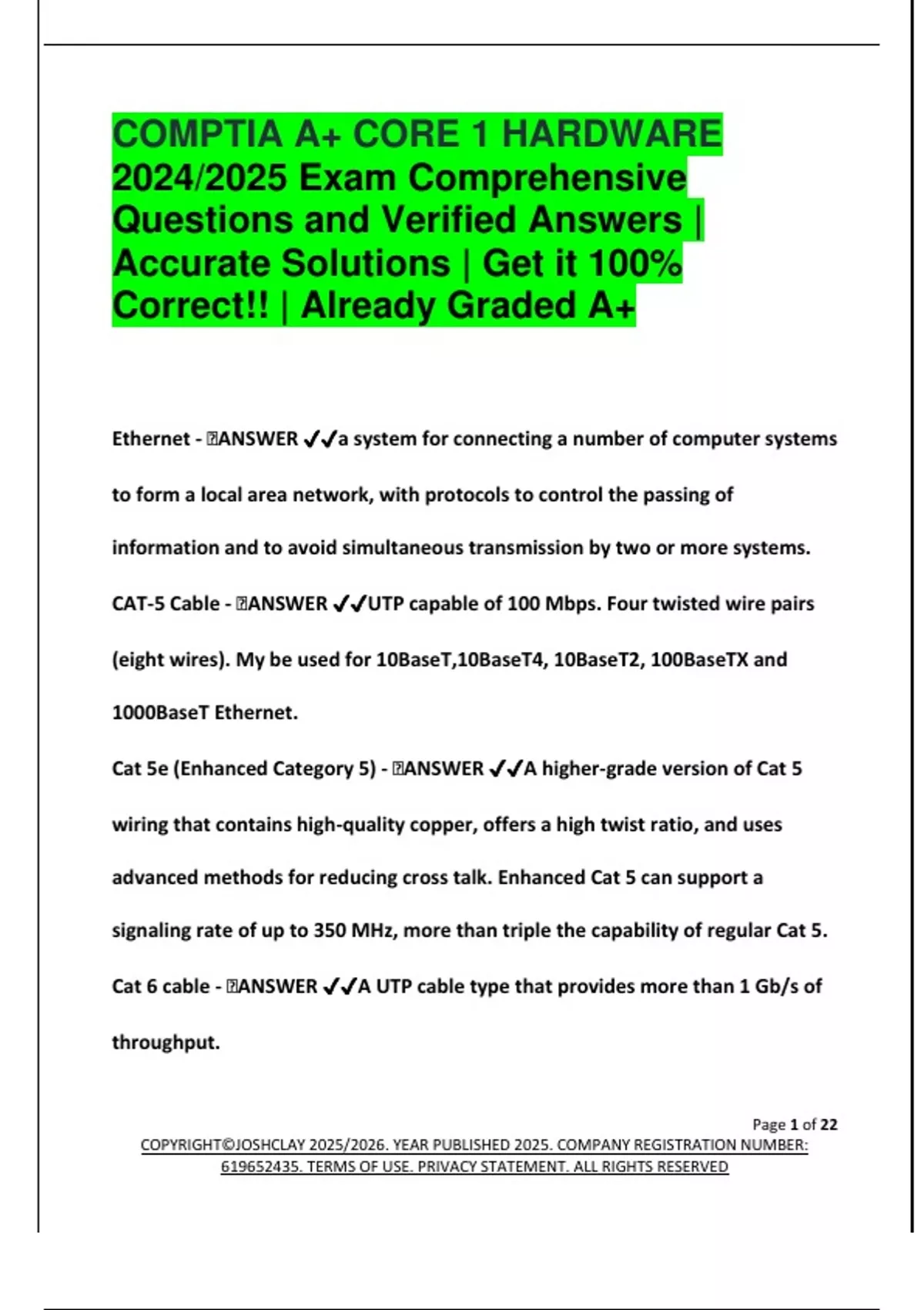 COMPTIA A+ CORE 1 HARDWARE 2024/2025 Exam Comprehensive Questions and ...
