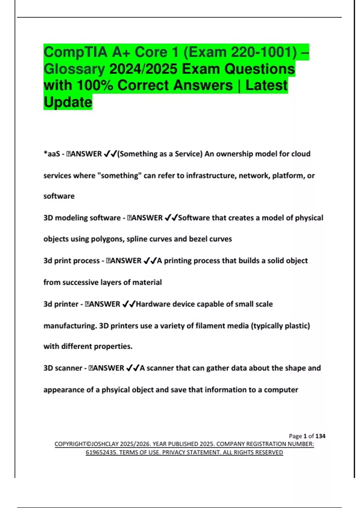 CompTIA A+ Core 1 (Exam 220-1001) – Glossary 2024/2025 Exam Questions ...
