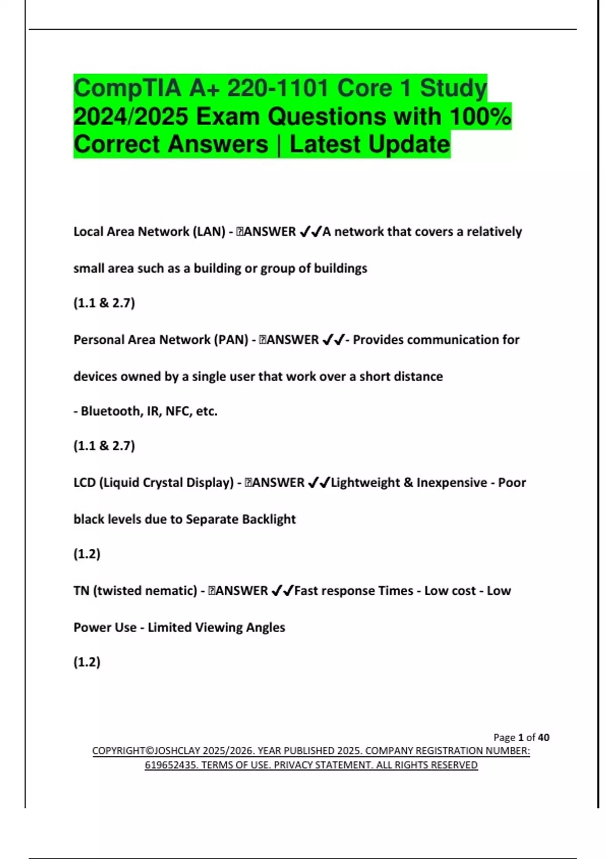 CompTIA A+ 220-1101 Core 1 Study 2024/2025 Exam Questions with 100% ...