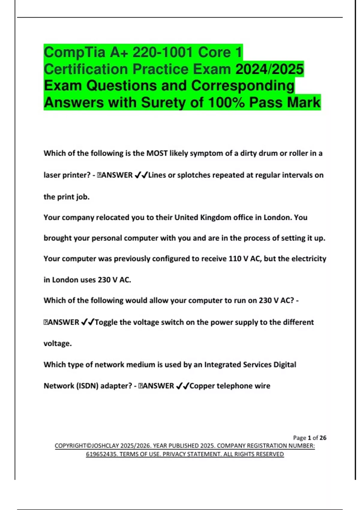 CompTia A+ 220-1001 Core 1 Certification Practice Exam 2024/2025 Exam ...