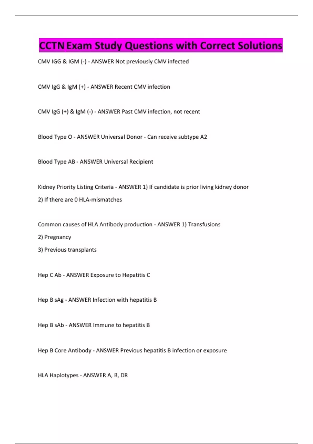 CCTN Exam Study Questions with Correct Solutions - Cctn - Stuvia US