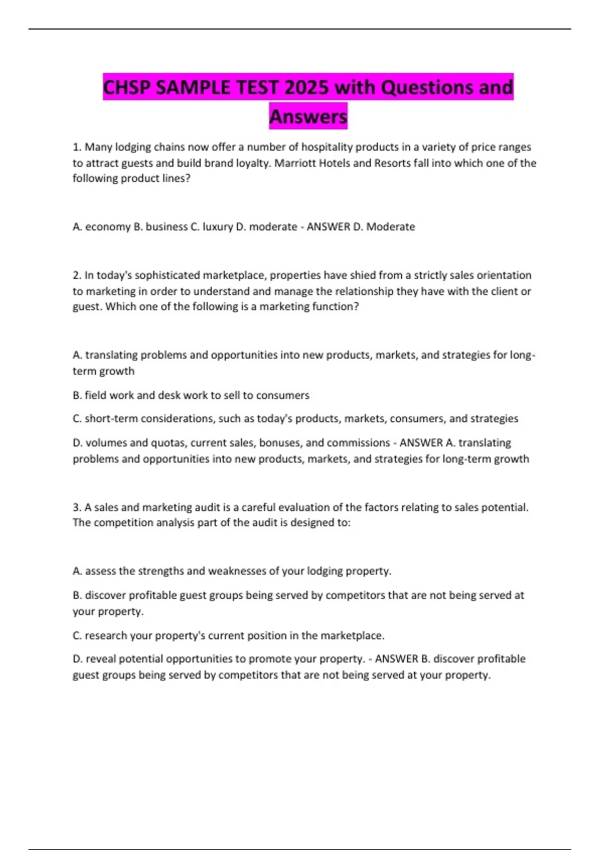 CHSP SAMPLE TEST 2025 with Questions and Answers - Chsp - Stuvia US