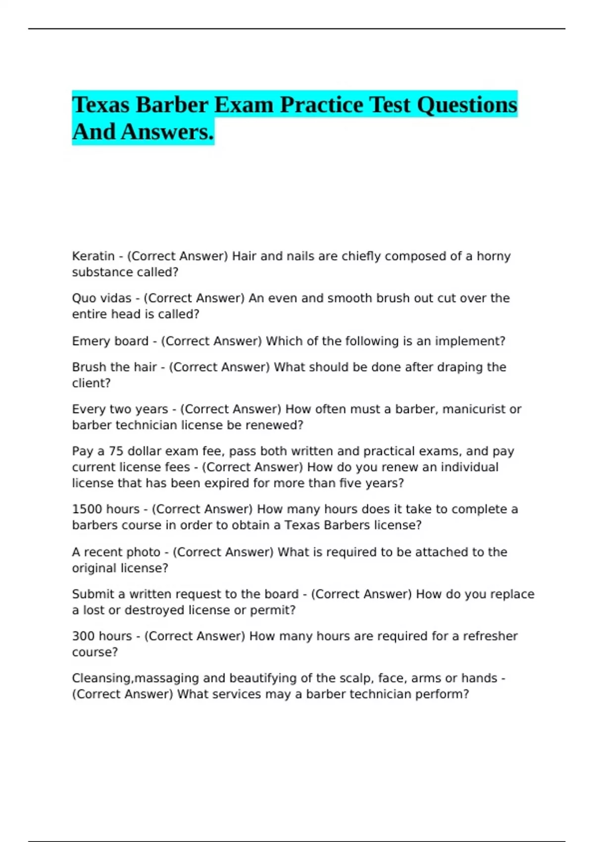 Texas Barber Exam Practice Test Questions And Answers - Texas Barber ...