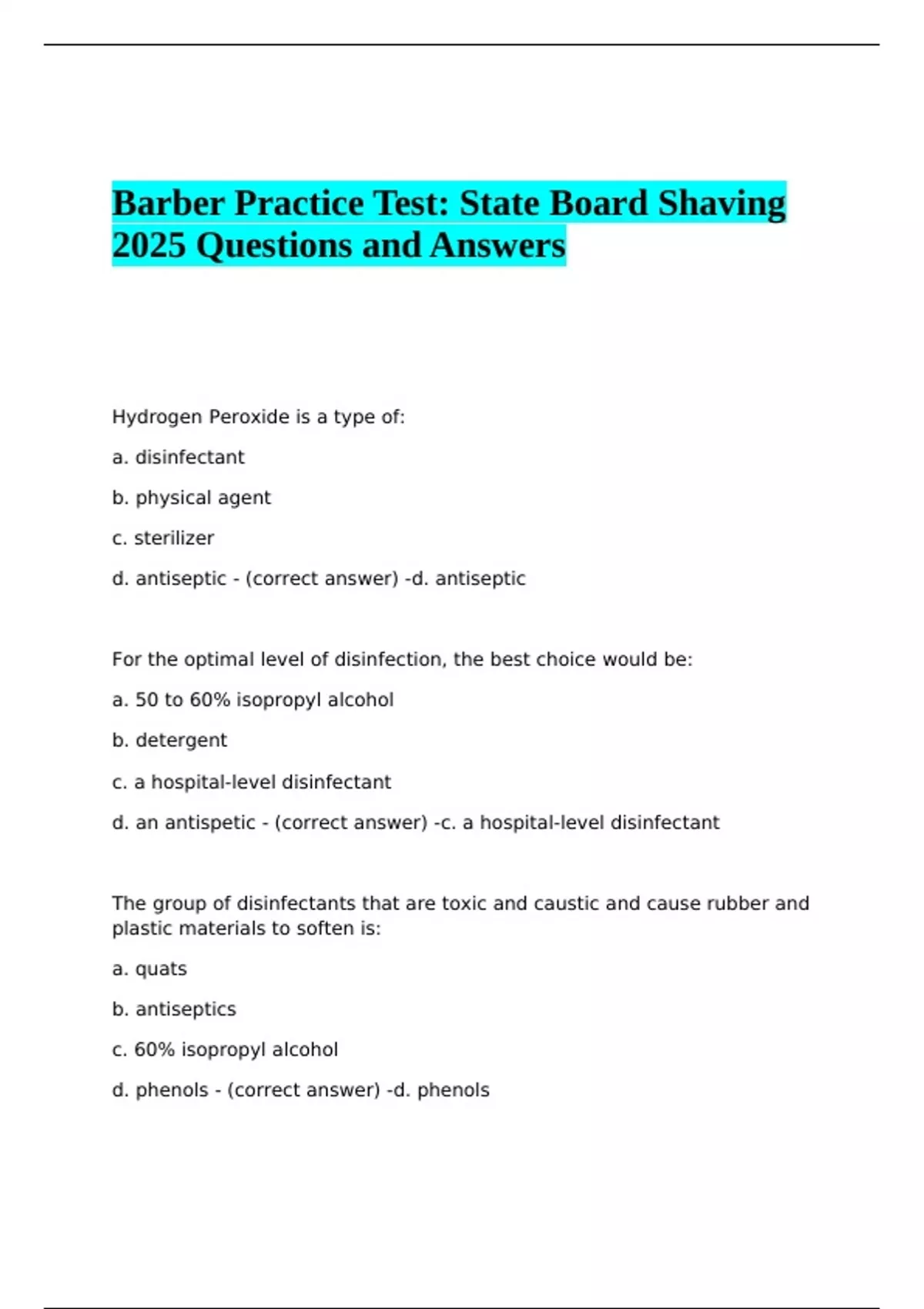Barber Practice Test State Board Shaving 2025 Questions and Answers ...