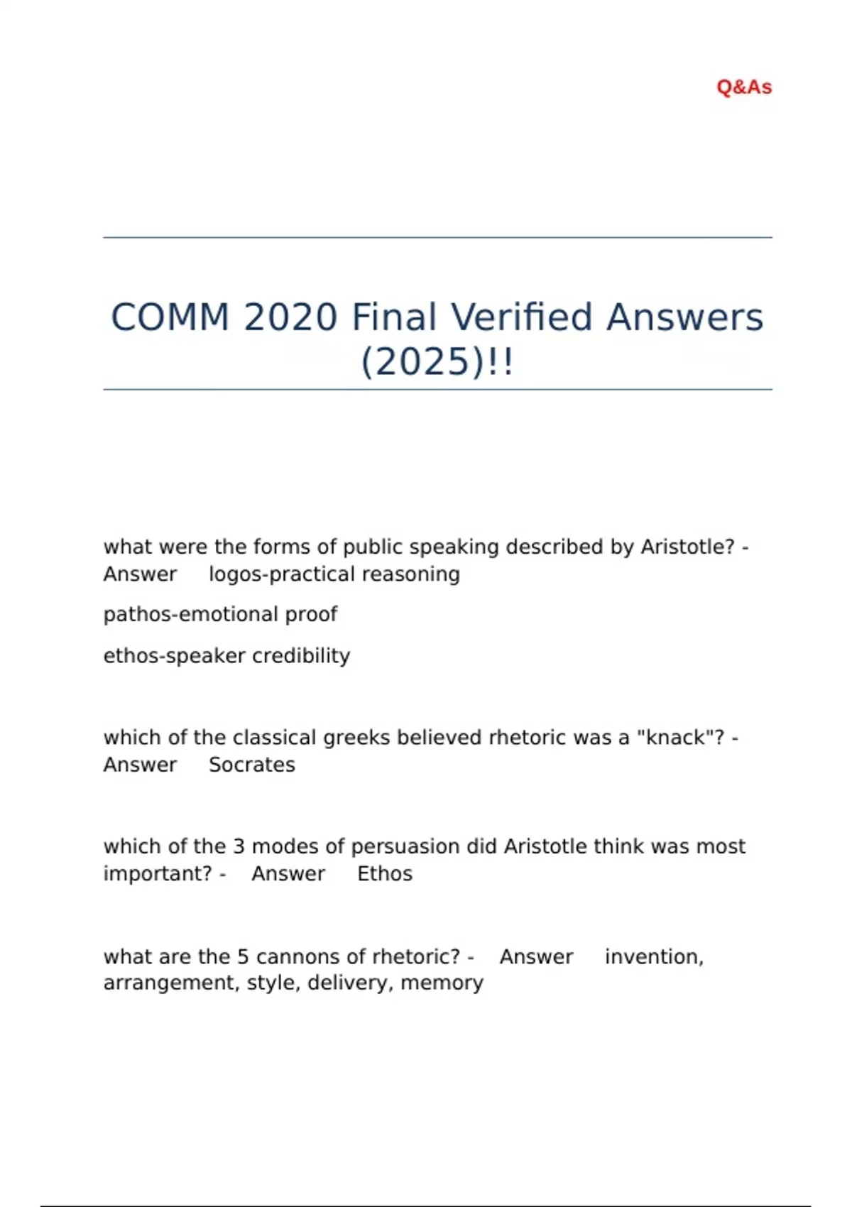 COMM 2020 Final Verified Answers (2025)!! - COMM 2020 - Stuvia US