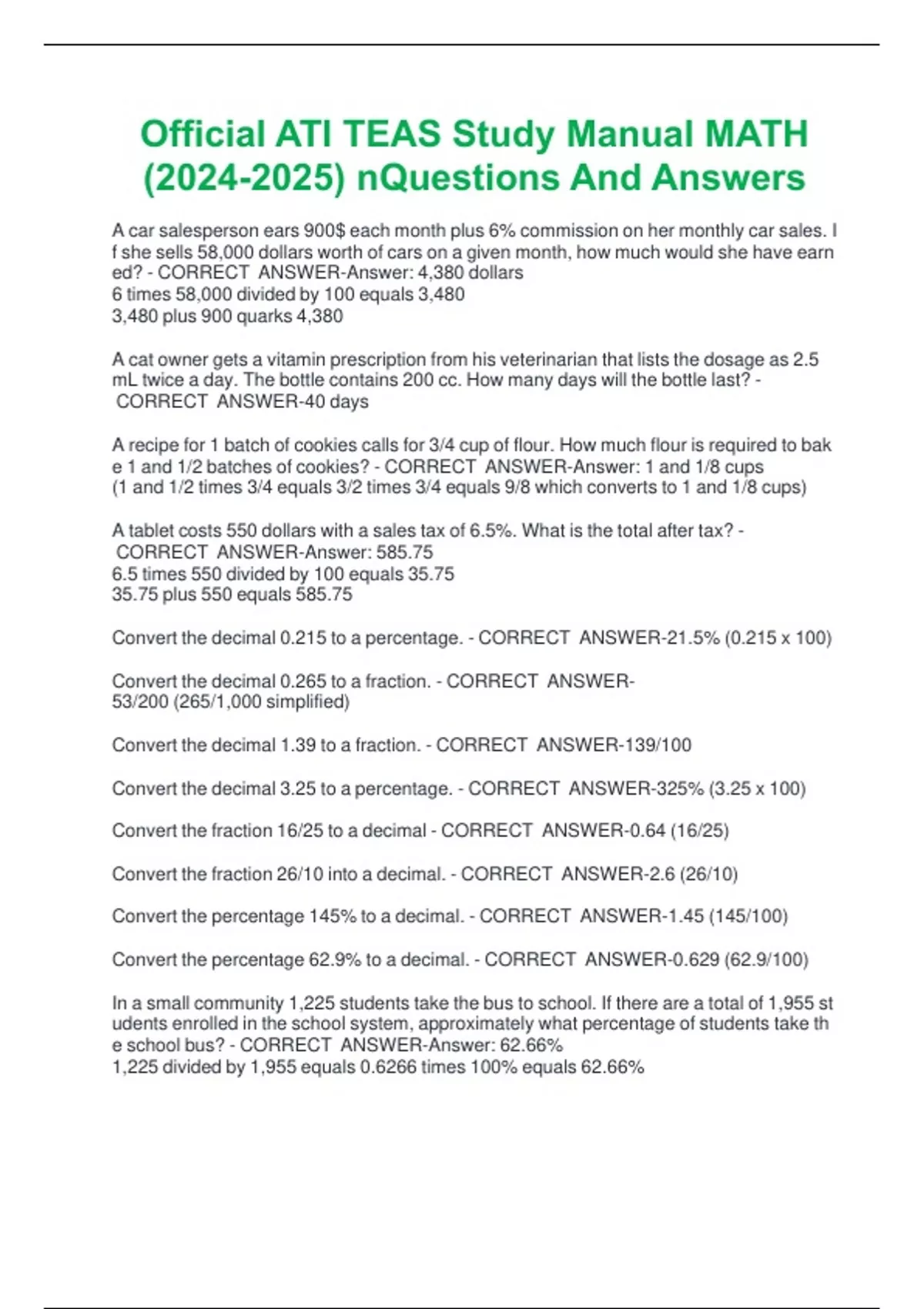 Official ATI TEAS Study Manual MATH () nQuestions And Answers ...