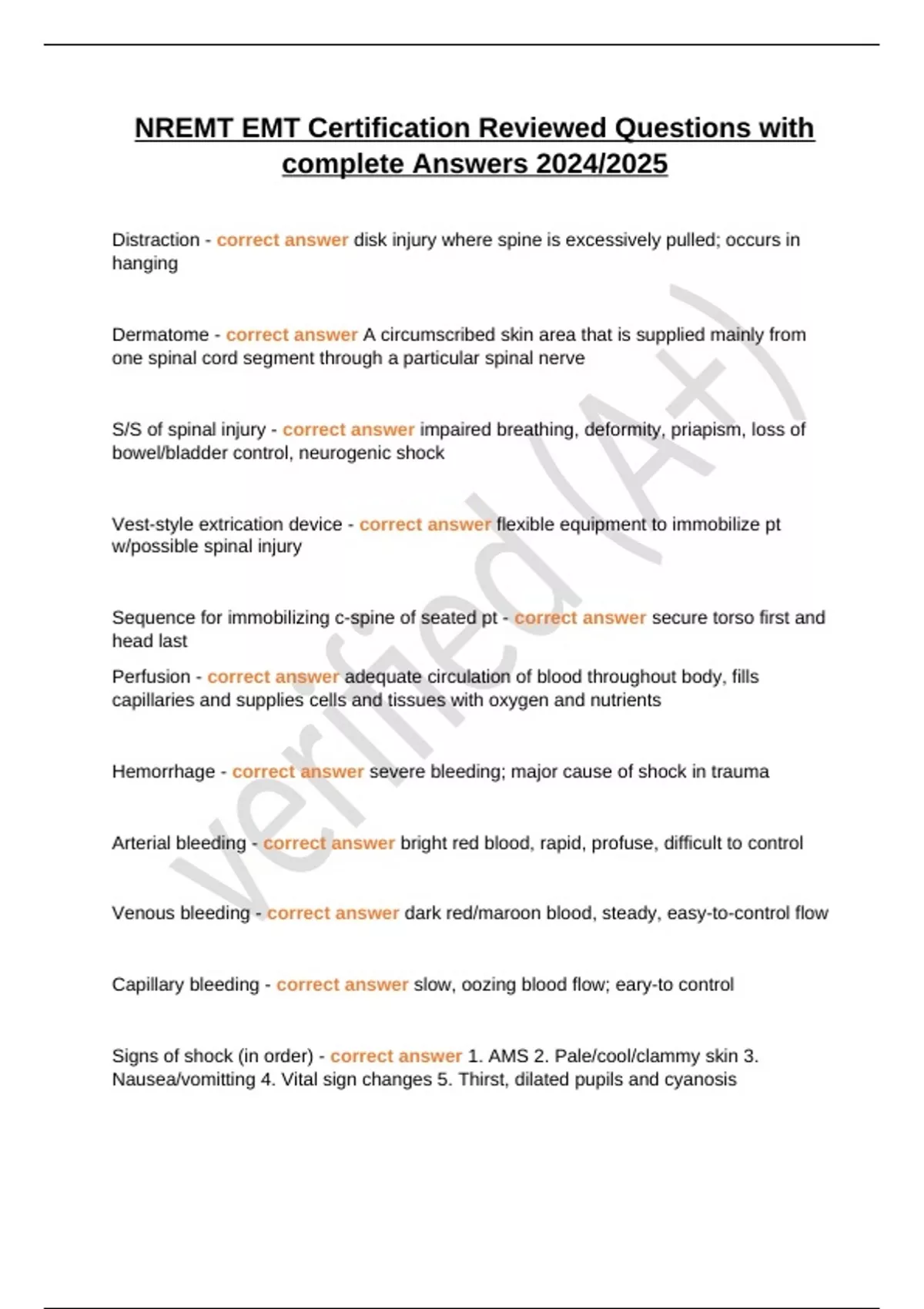 NREMT EMT Certification Reviewed Questions with complete Answers 2024/ ...
