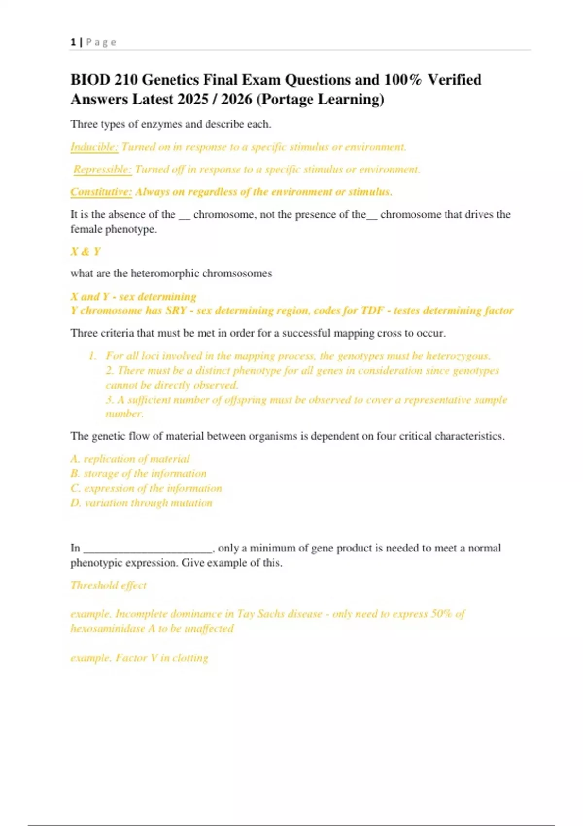 BIOD 210 Genetics Final Exam Questions and 100% Verified Answers Latest ...