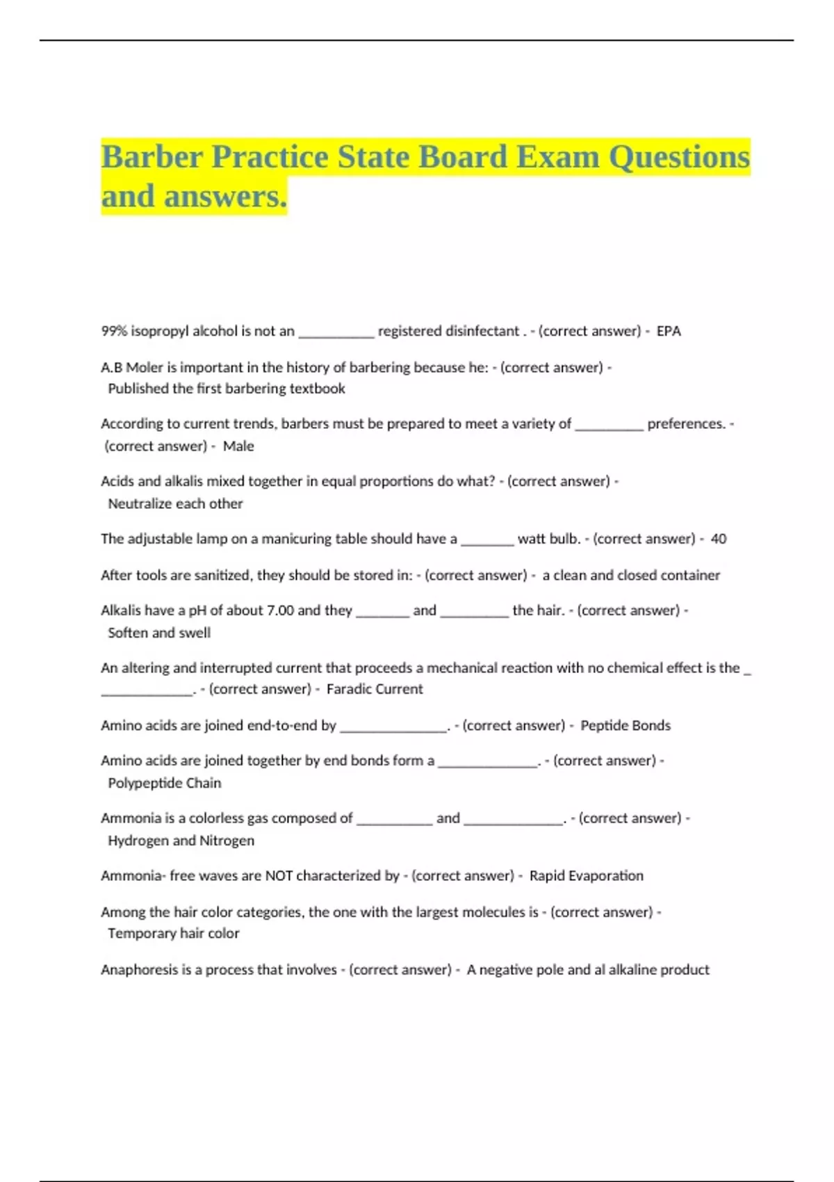 Texas Barber Practice Test State Board Shaving 2025 Questions and ...