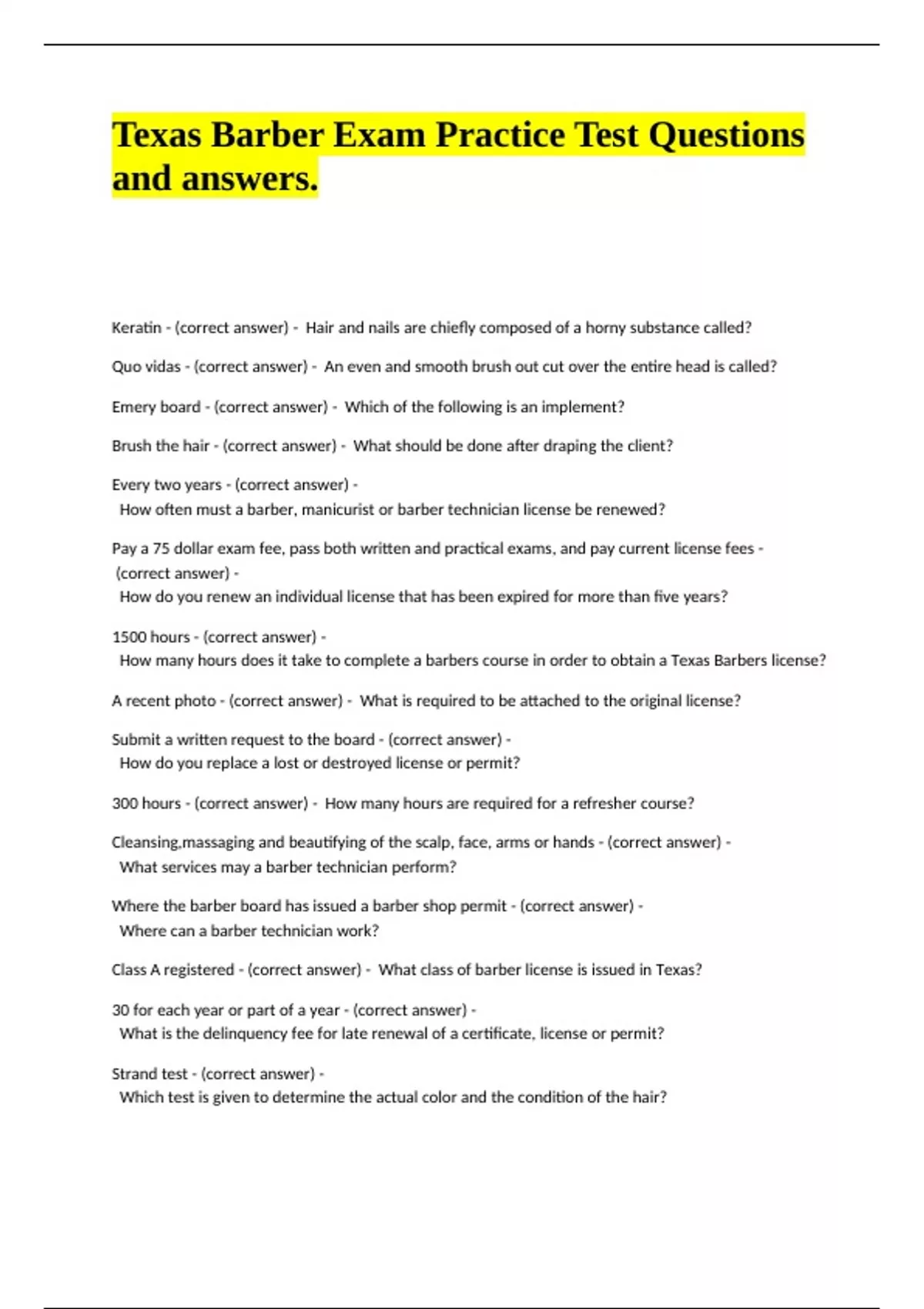 Texas Barber Exam Practice Test Questions and answers - Texas Barber ...