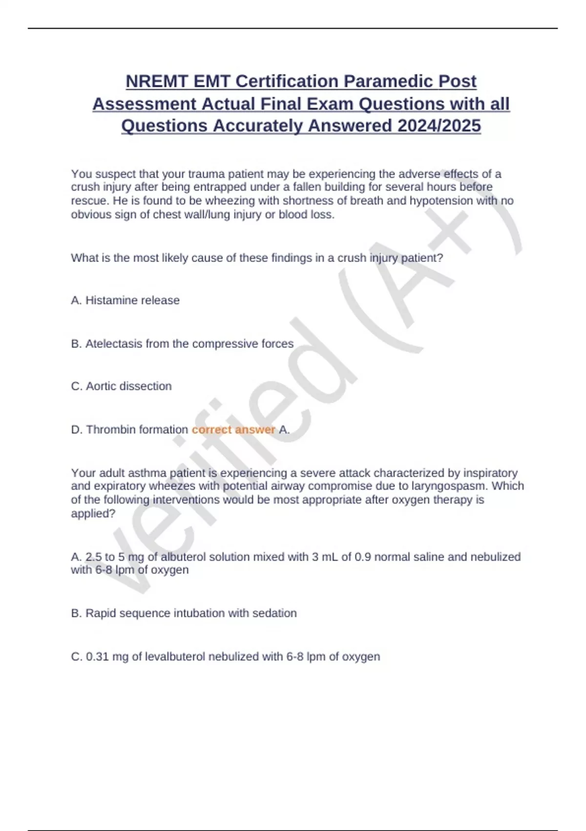 NREMT EMT Certification Paramedic Post Assessment Actual Final Exam ...