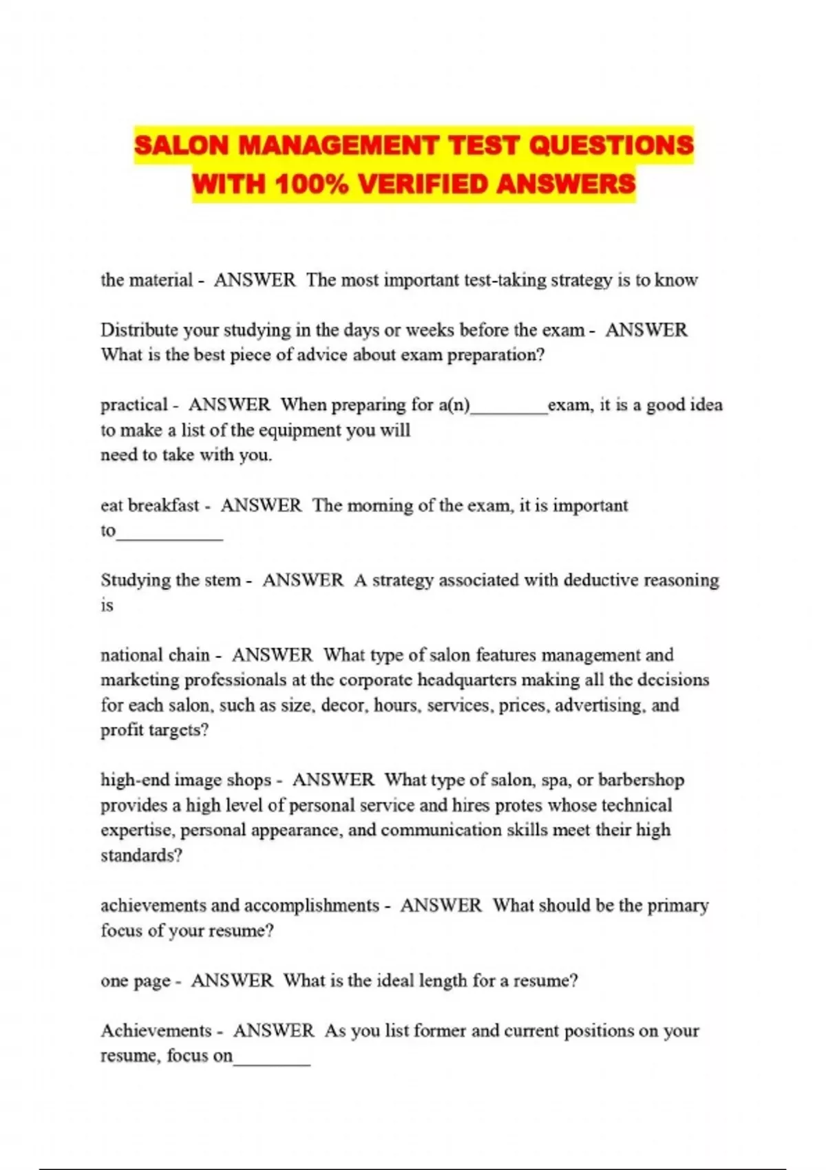 SALON MANAGEMENT TEST QUESTIONS WITH 100% VERIFIED ANSWERS - SALON ...