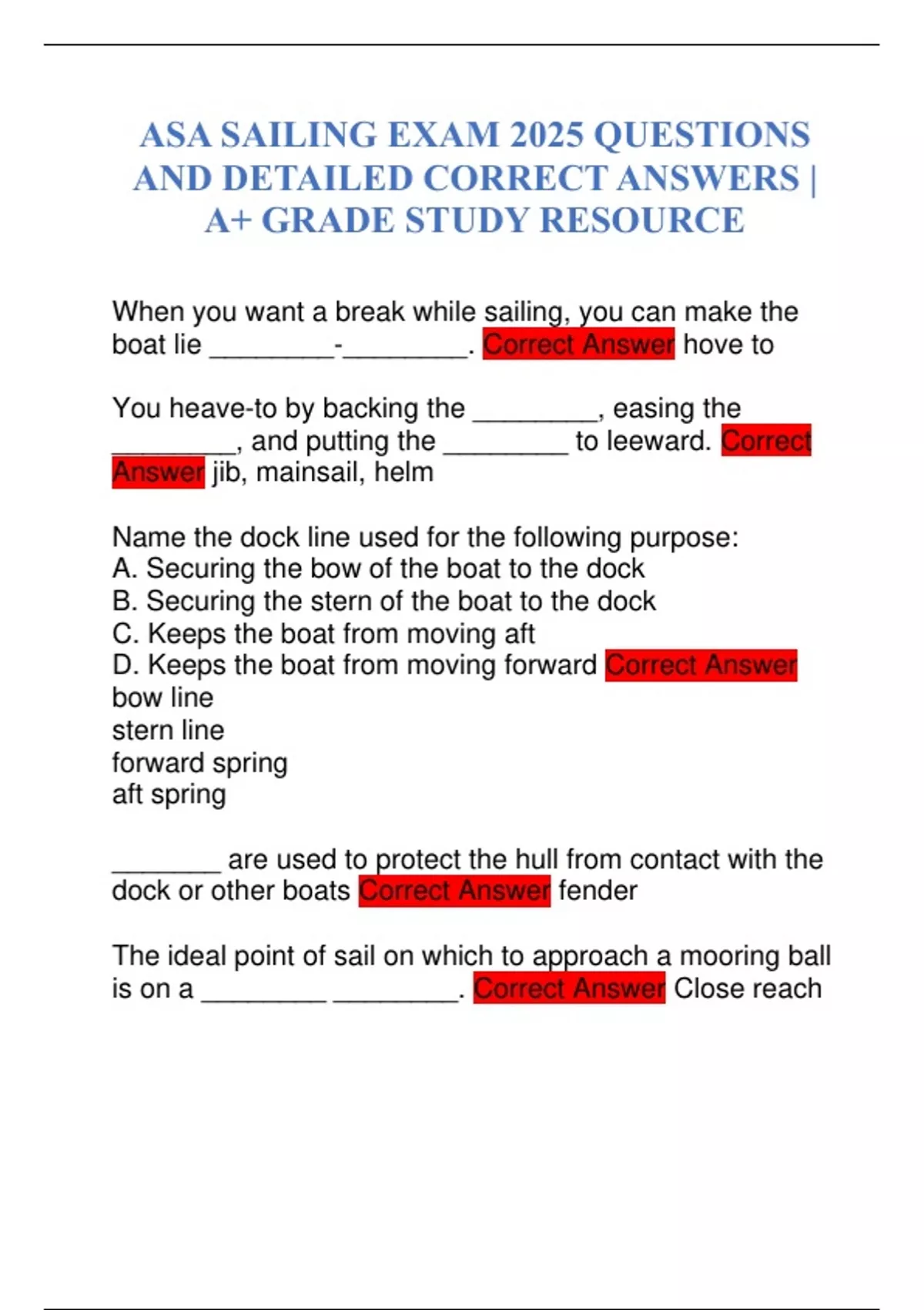 ASA SAILING EXAM 2025 QUESTIONS AND DETAILED CORRECT ANSWERS | A+ GRADE ...