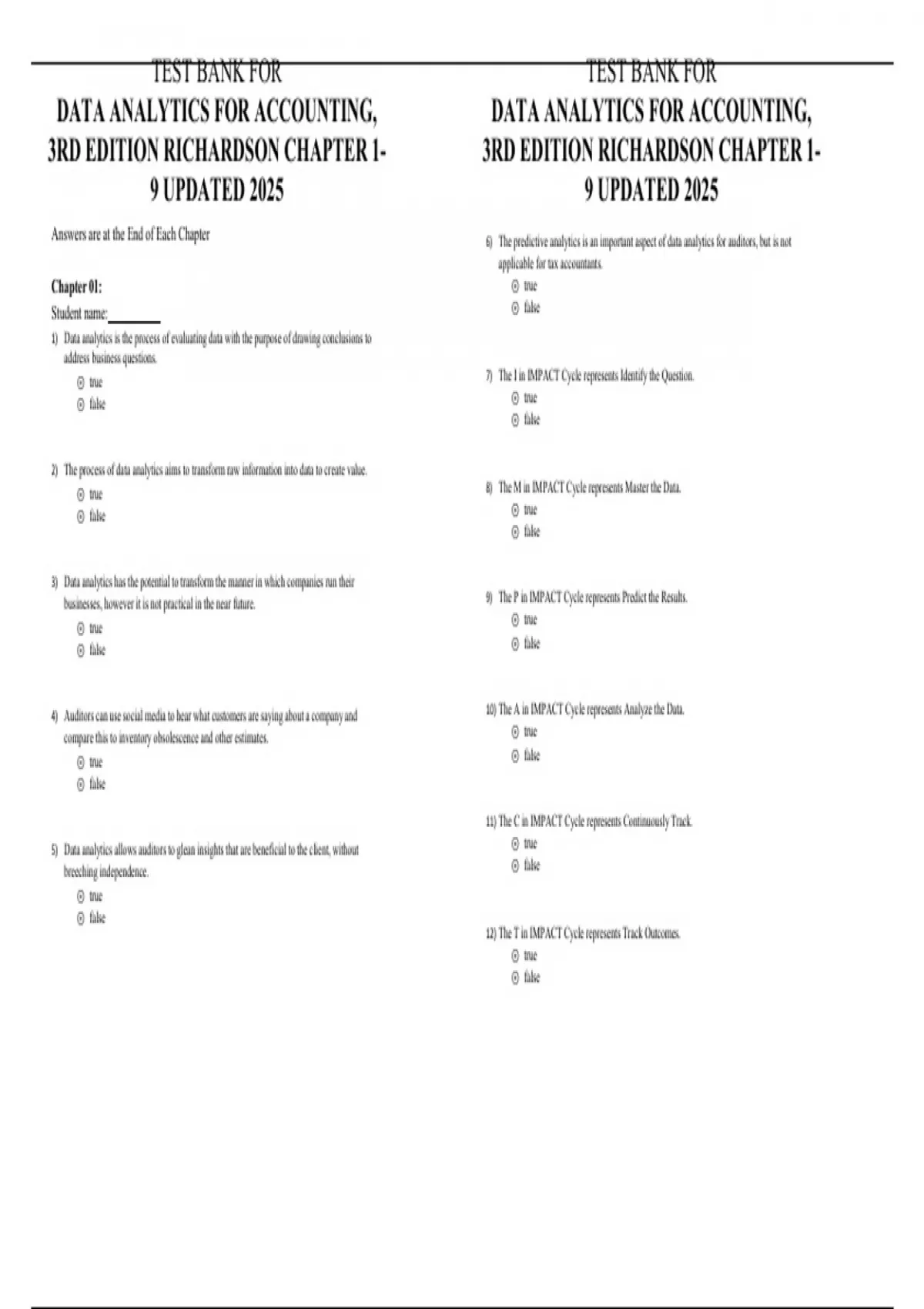 TEST BANK FOR DATA ANALYTICS FOR ACCOUNTING, 3RD EDITION RICHARDSON ...