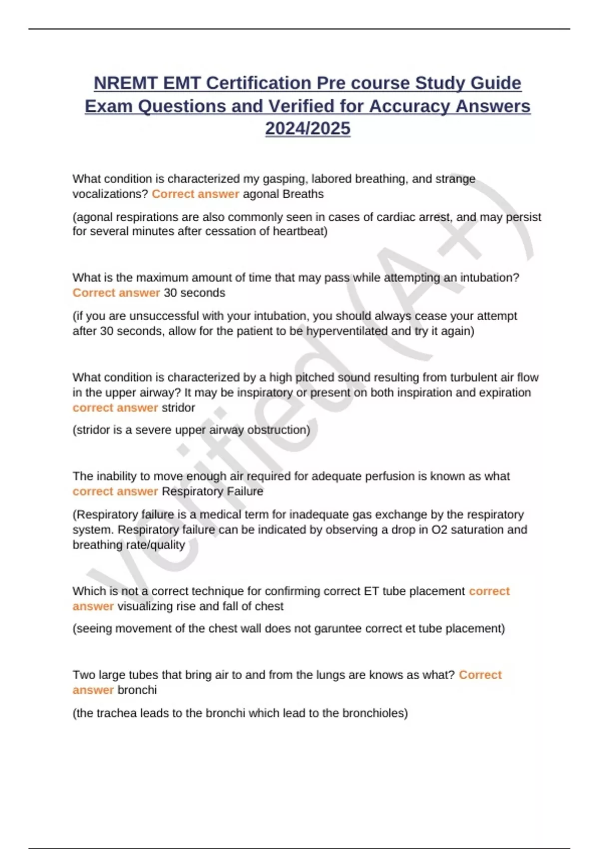 NREMT EMT Certification Pre course Study Guide Exam Questions and ...