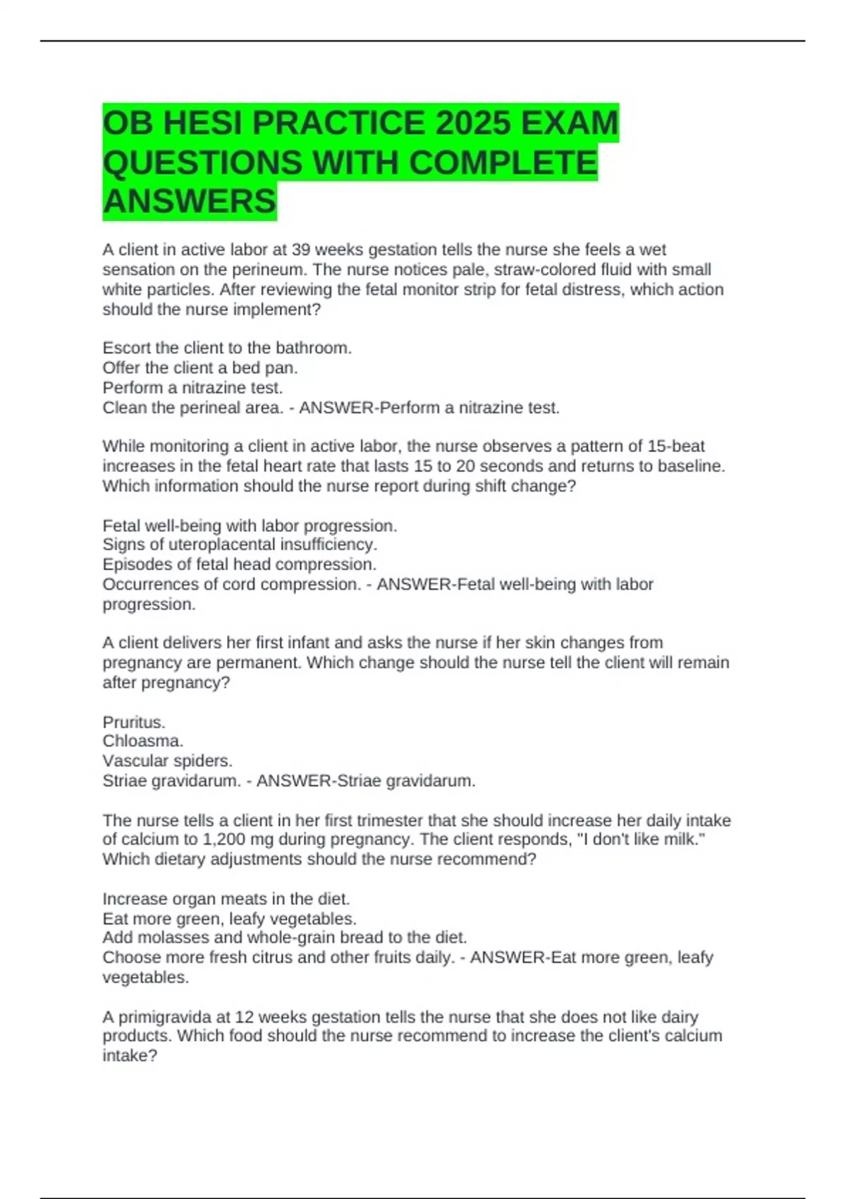 OB HESI PRACTICE 2025 EXAM QUESTIONS WITH COMPLETE ANSWERS - Maternity ...