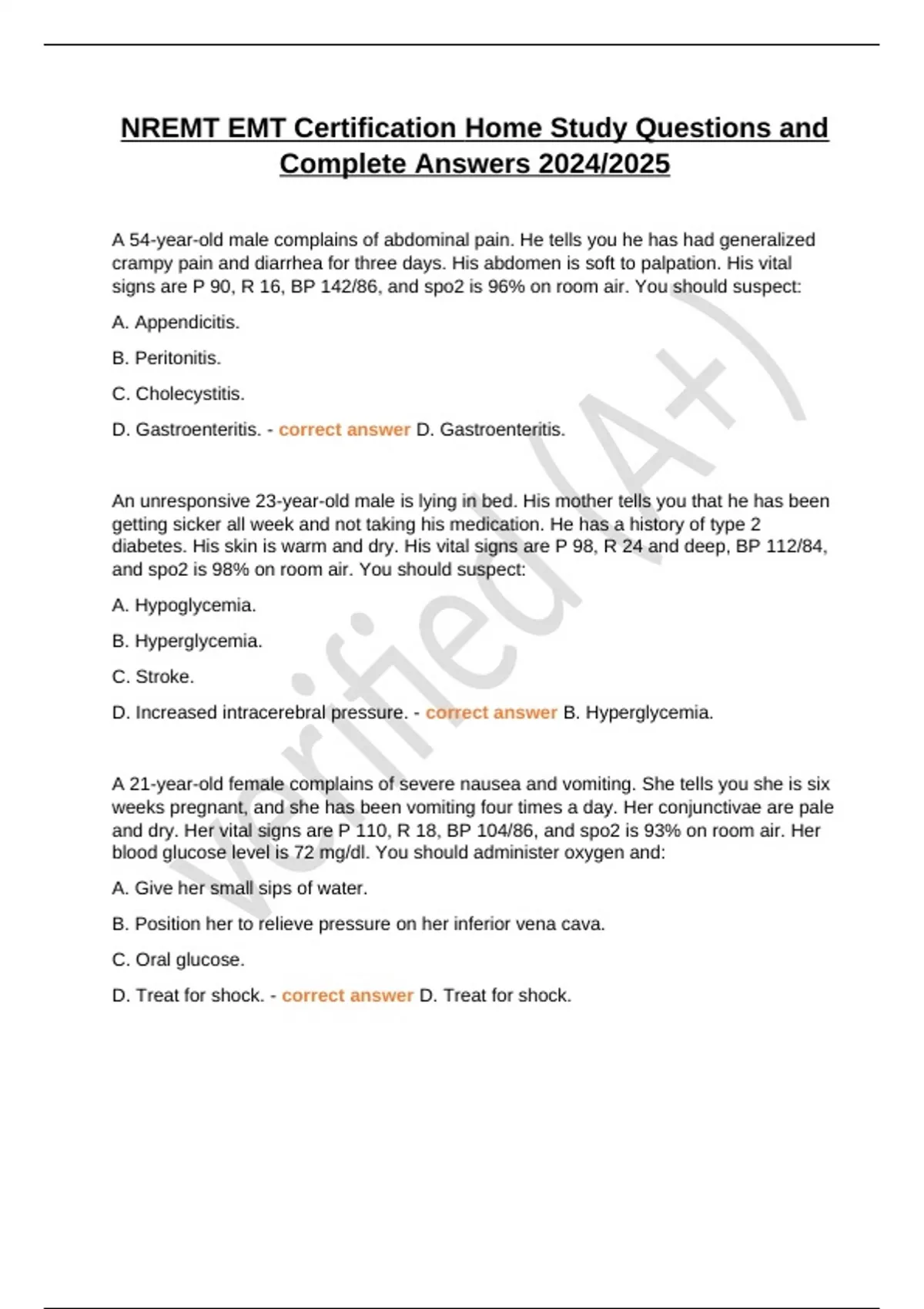 NREMT EMT Certification Home Study Questions and Complete Answers 2024/ ...