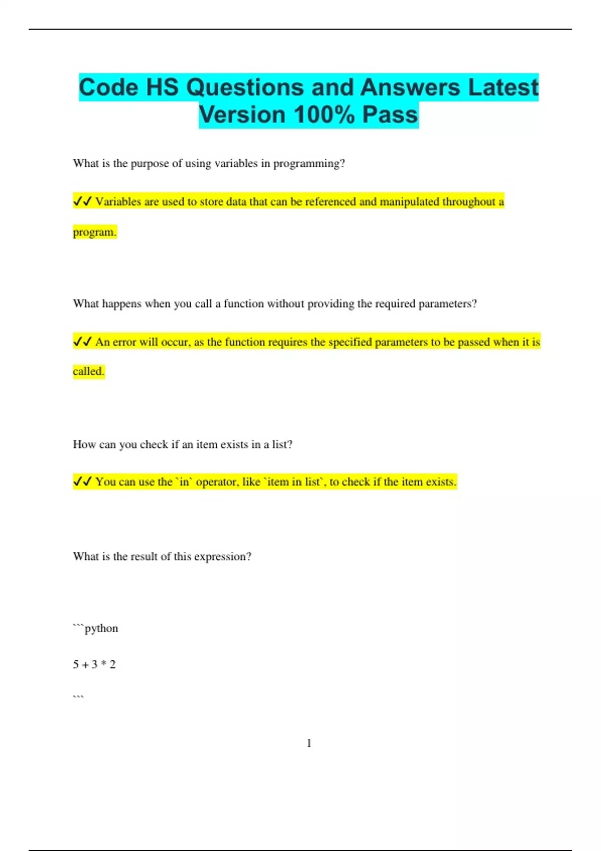 Code HS Questions and Answers Latest Version 100% Pass - Code HS ...