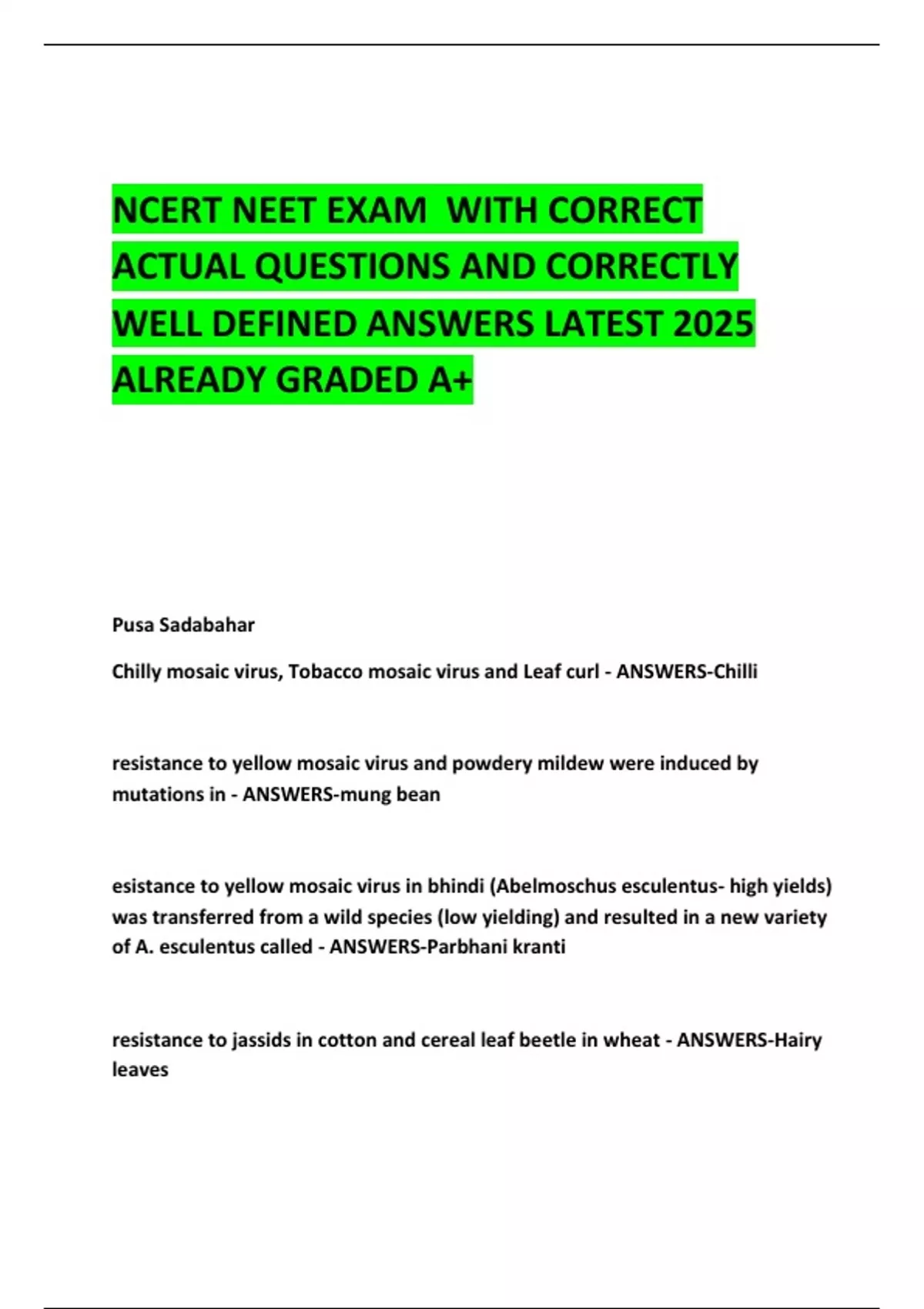 NCERT NEET EXAM WITH CORRECT ACTUAL QUESTIONS AND CORRECTLY WELL ...