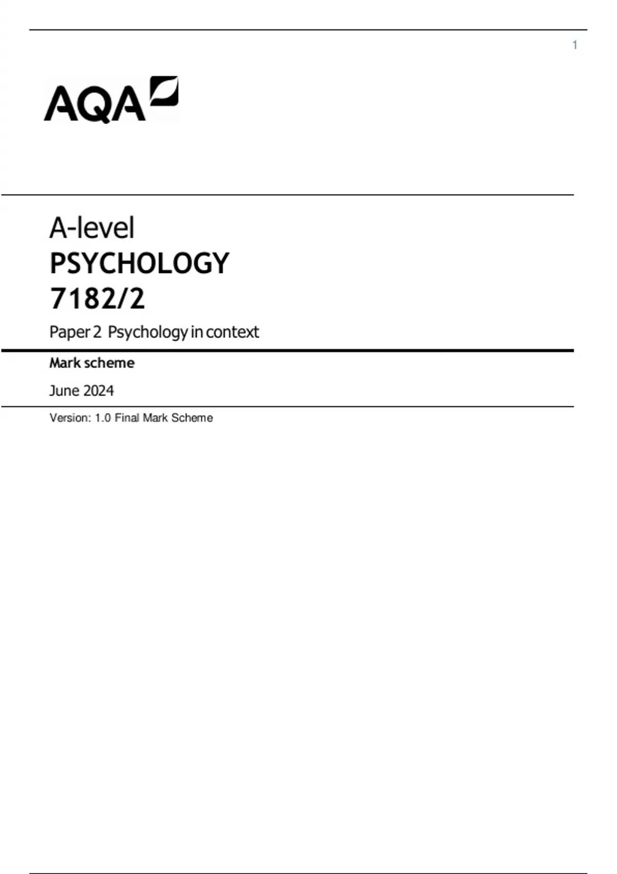 Aqa A Level Psychology Mark Scheme Paper (7182/2: Psychology In Context ...
