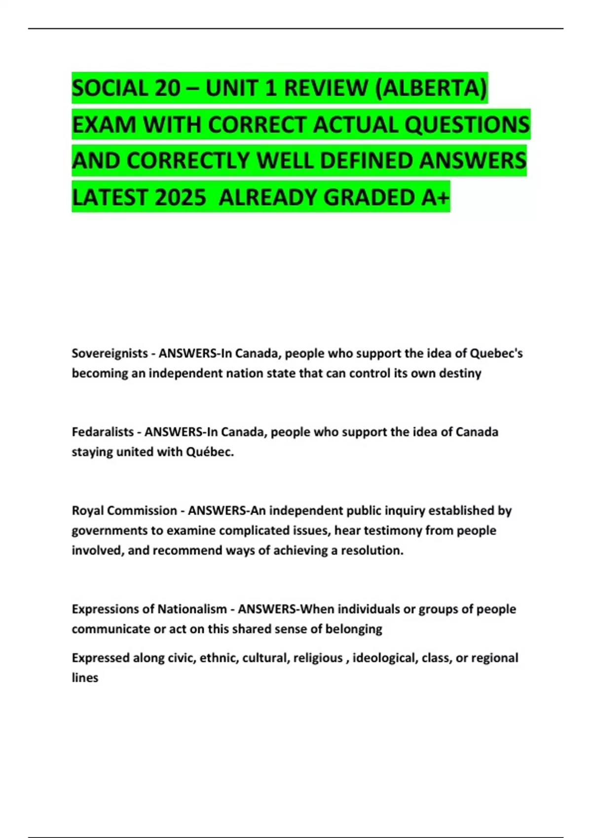 SOCIAL 20 – UNIT 1 REVIEW (ALBERTA) EXAM WITH CORRECT ACTUAL QUESTIONS ...