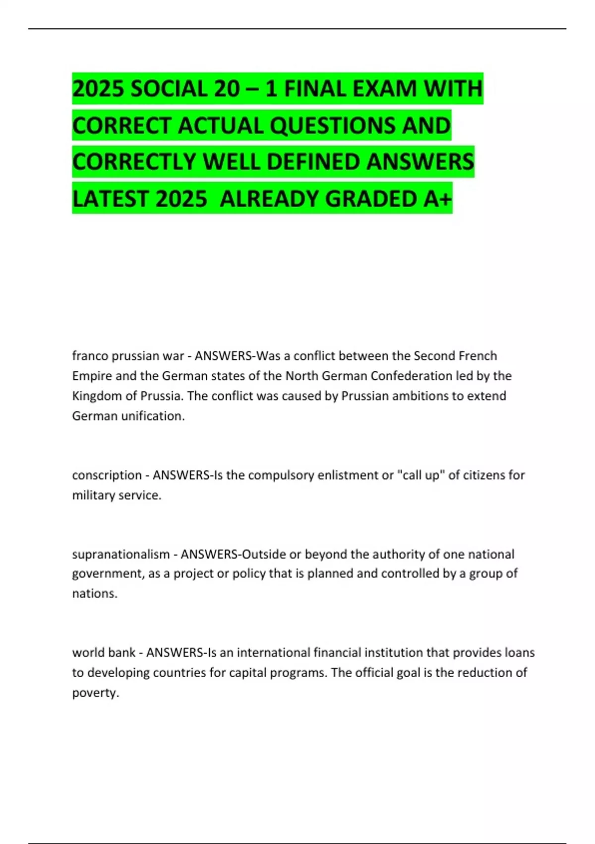 2025 SOCIAL 20 – 1 FINAL EXAM WITH CORRECT ACTUAL QUESTIONS AND ...