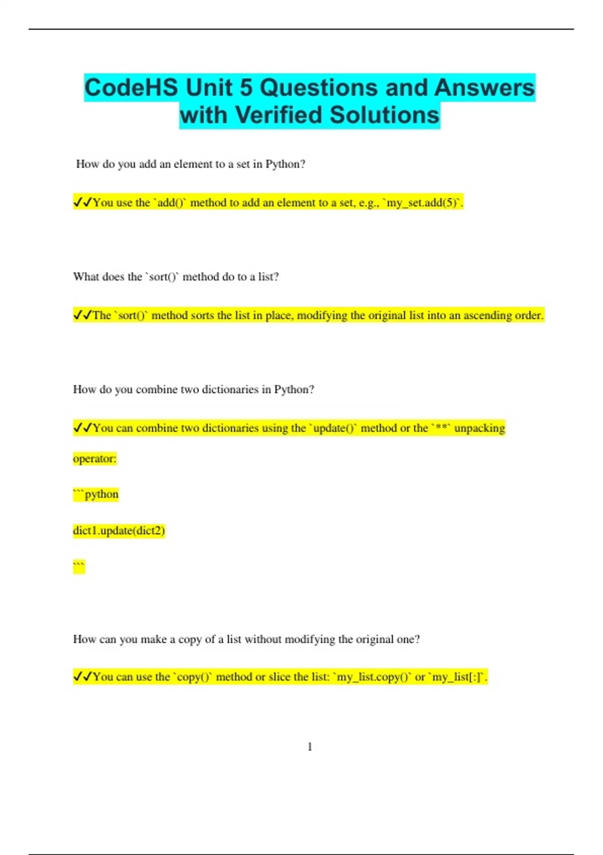 CodeHS Unit 5 Questions and Answers with Verified Solutions - CodeHS ...
