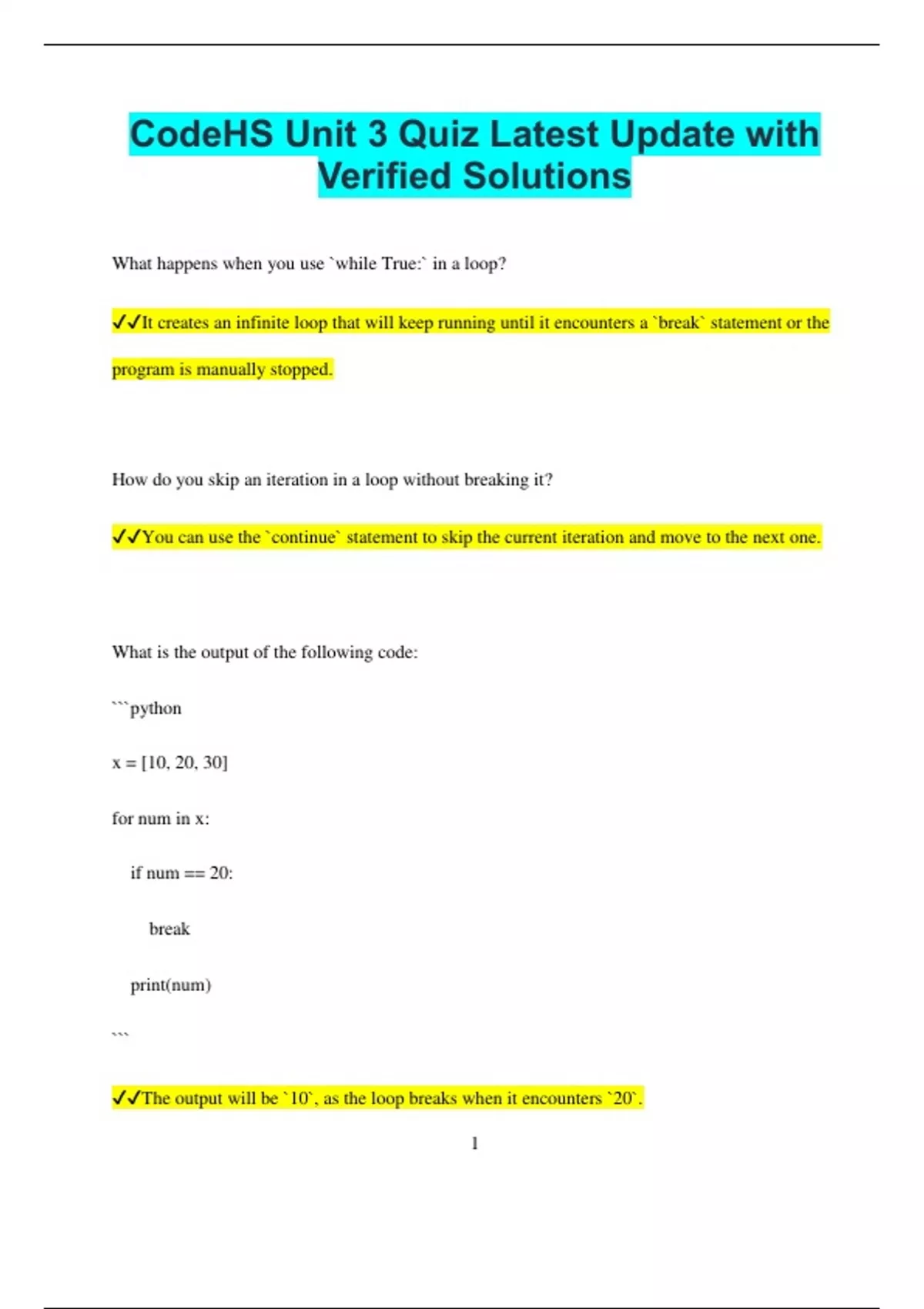 CodeHS Unit 3 Quiz Latest Update with Verified Solutions - CodeHS Unit ...